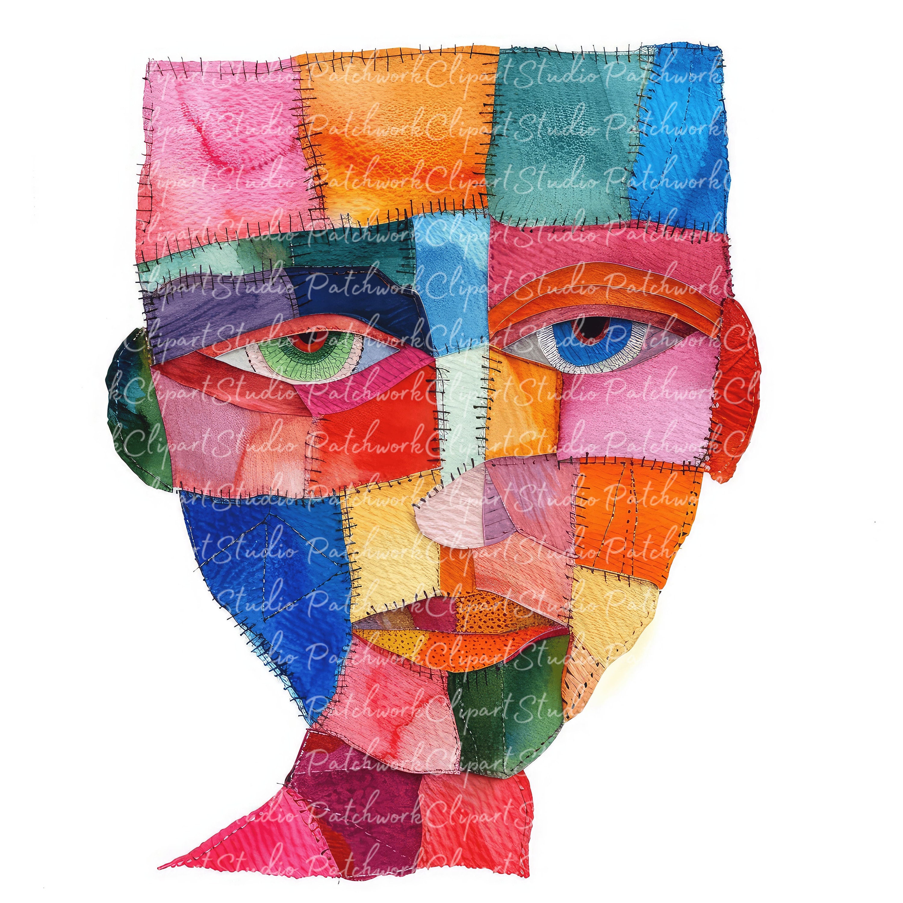 10 Faces Clipart Bundle, Printable Patchwork Face, Quilted Fabric ...