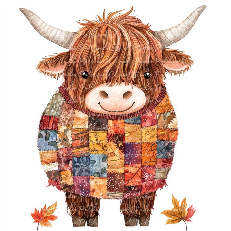 10 Autumn Highland Cow Clipart Bundle, PNG & JPG, Printable Patchwork ...
