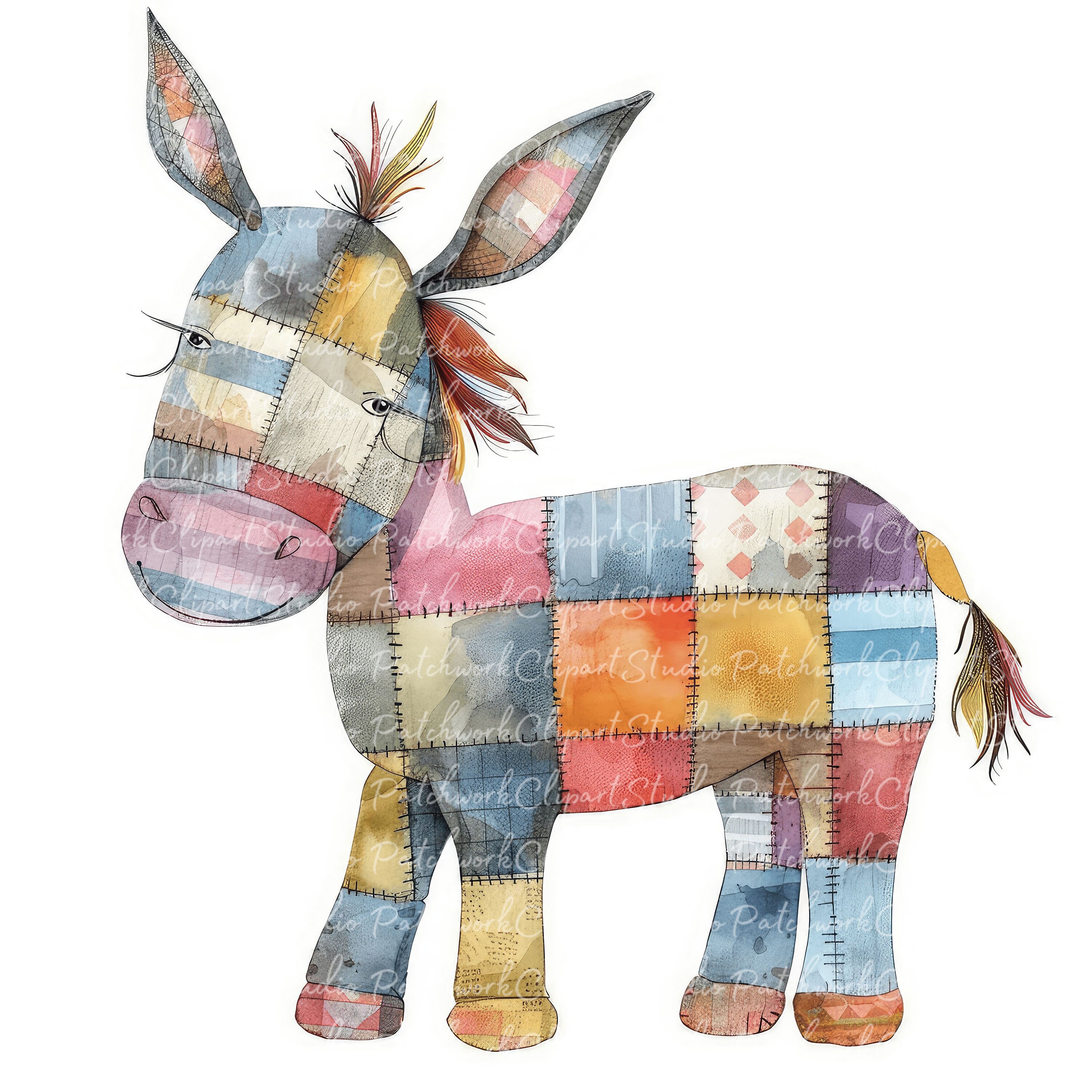 10 Donkeys Clipart Bundle, PNG & JPG, Printable Patchwork Donkey, Illustrations, Digital ...