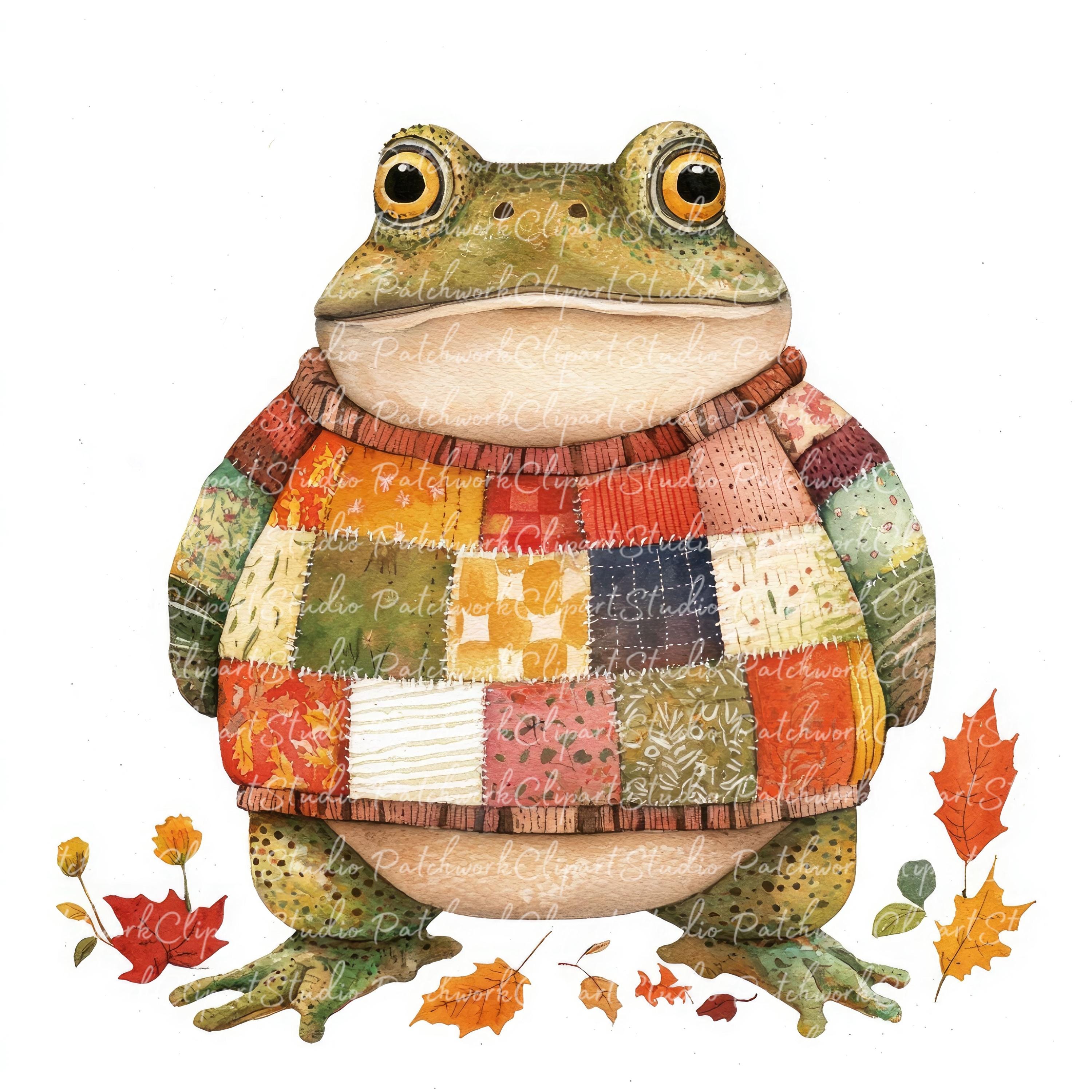 10 Autumn Frog Clipart Bundle, PNG & JPG, Printable Patchwork, Frog in ...