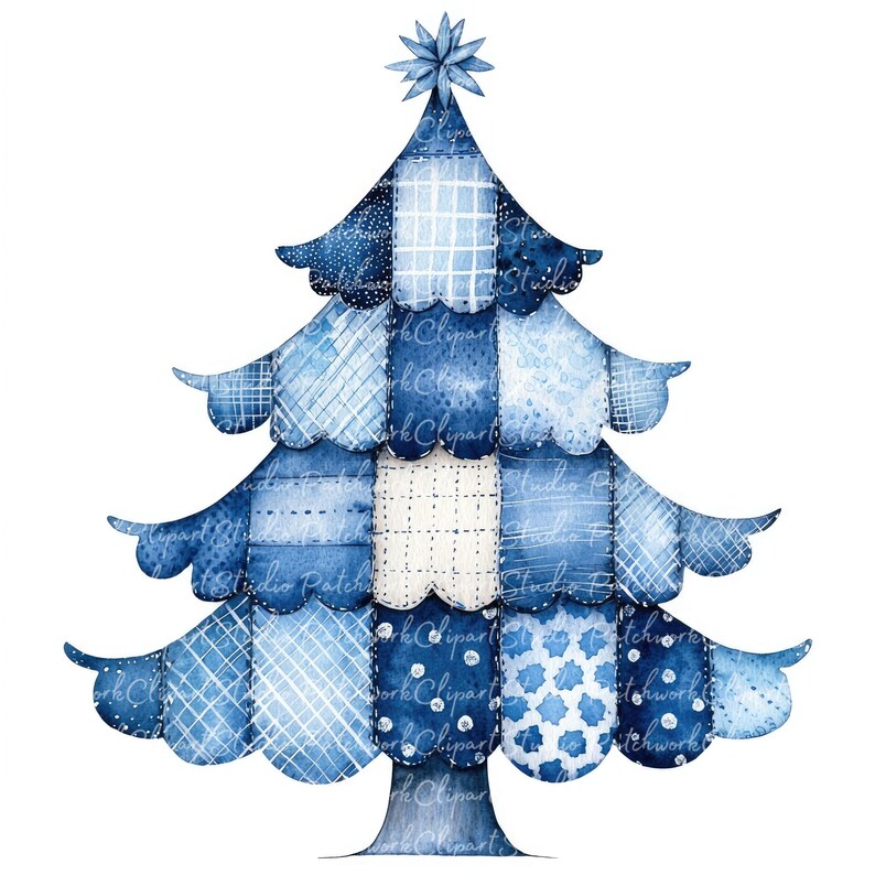 10 Blue Christmas Tree Clipart Bundle, PNG & JPG, Printable Patchwork ...