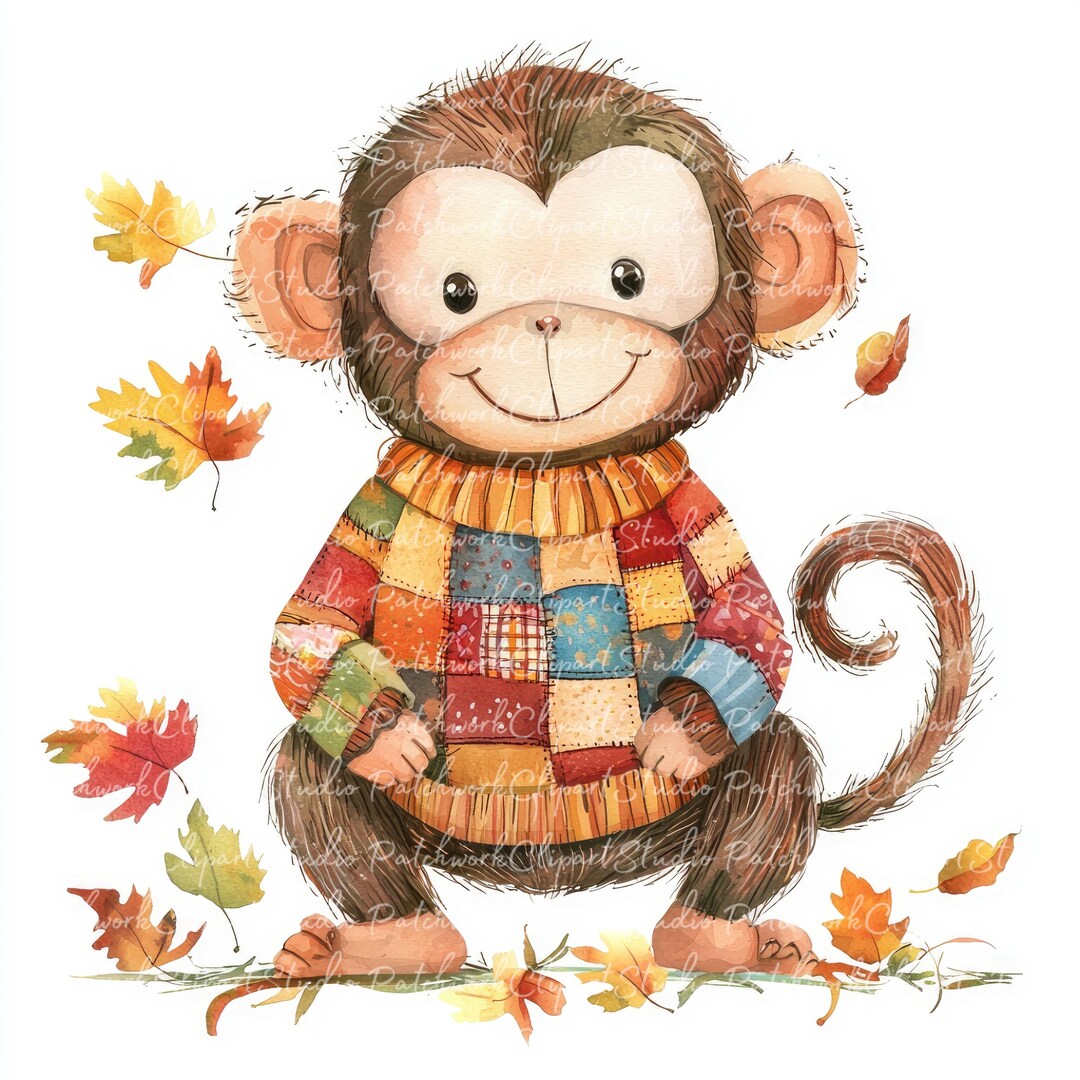 10 Autumn Monkey Clipart Bundle, PNG & JPG, Printable Patchwork, Monkey ...