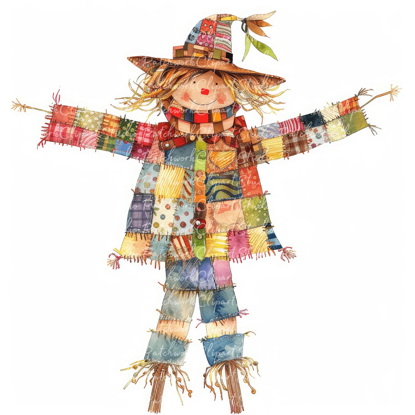 10 Scarecrows Clipart Bundle, PNG & JPG, Printable Patchwork Scarecrow ...