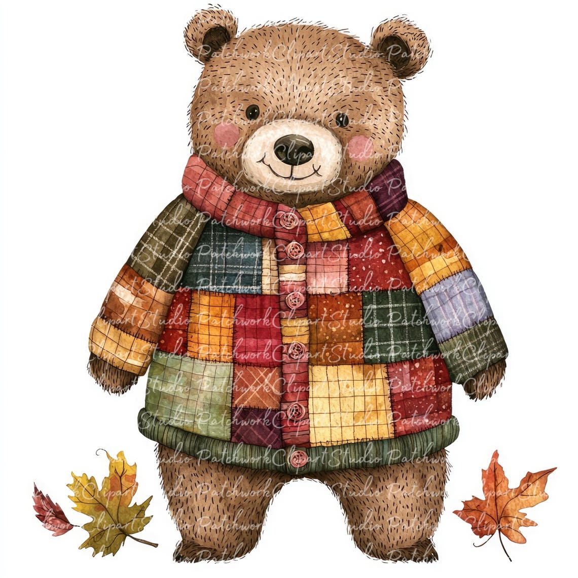 10 Autumn Bear Clipart Bundle, PNG & JPG, Printable Patchwork, Bear in ...