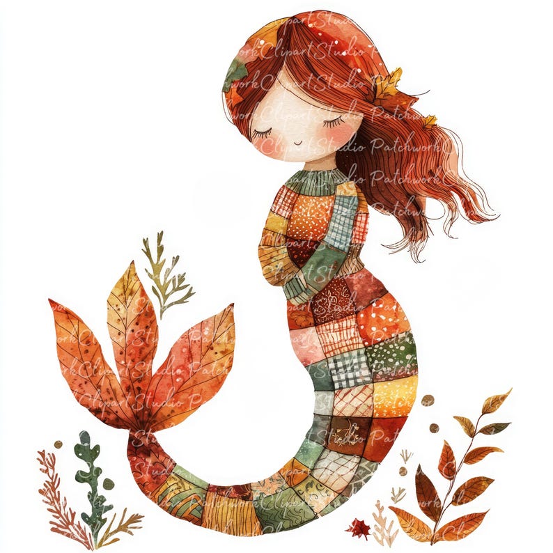 10 Autumn Mermaid Clipart Bundle, PNG & JPG, Printable Patchwork ...
