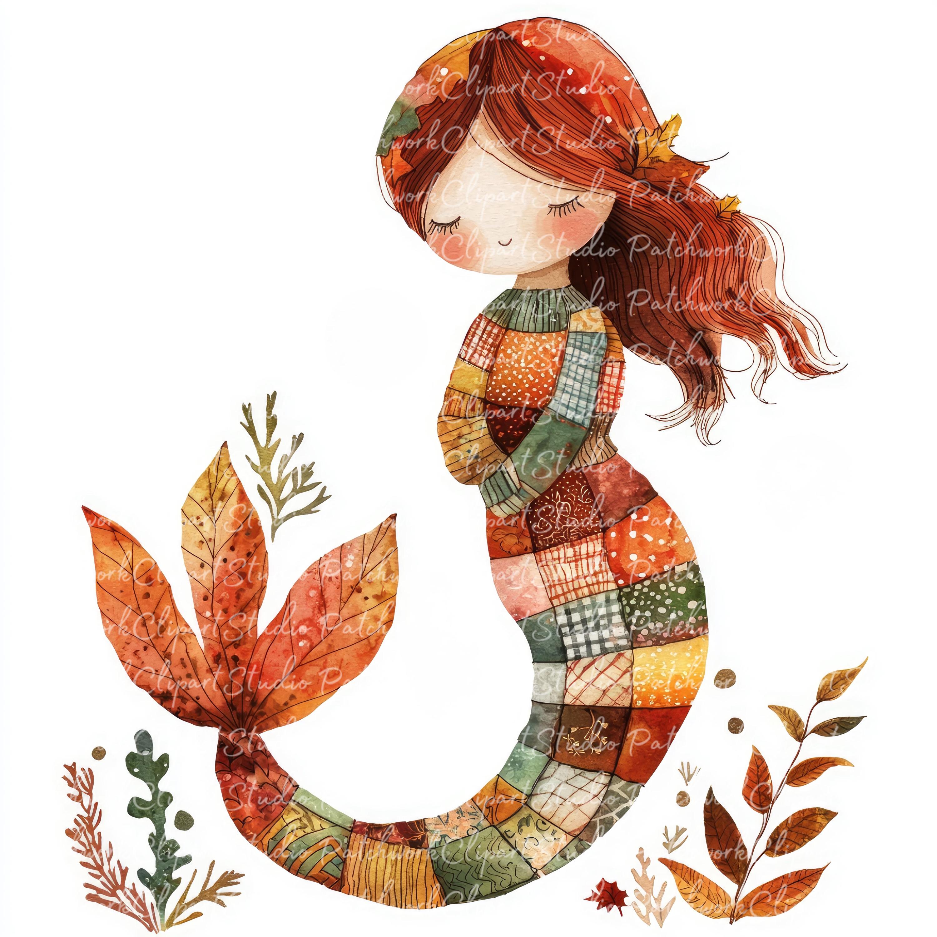 10 Autumn Mermaid Clipart Bundle, PNG & JPG, Printable Patchwork ...