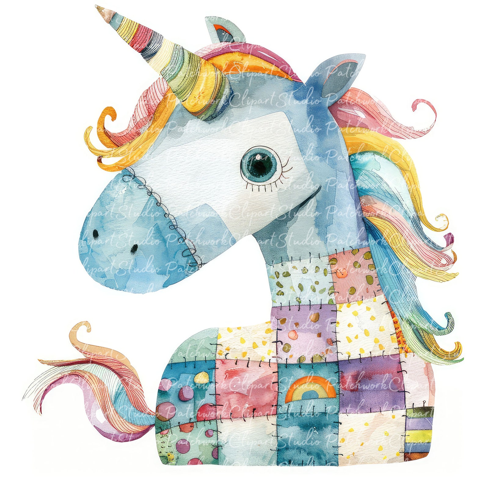 10 Unicorns Clipart Bundle, Printable Patchwork Unicorn, Cute Horse, Fabric Illustrations ...