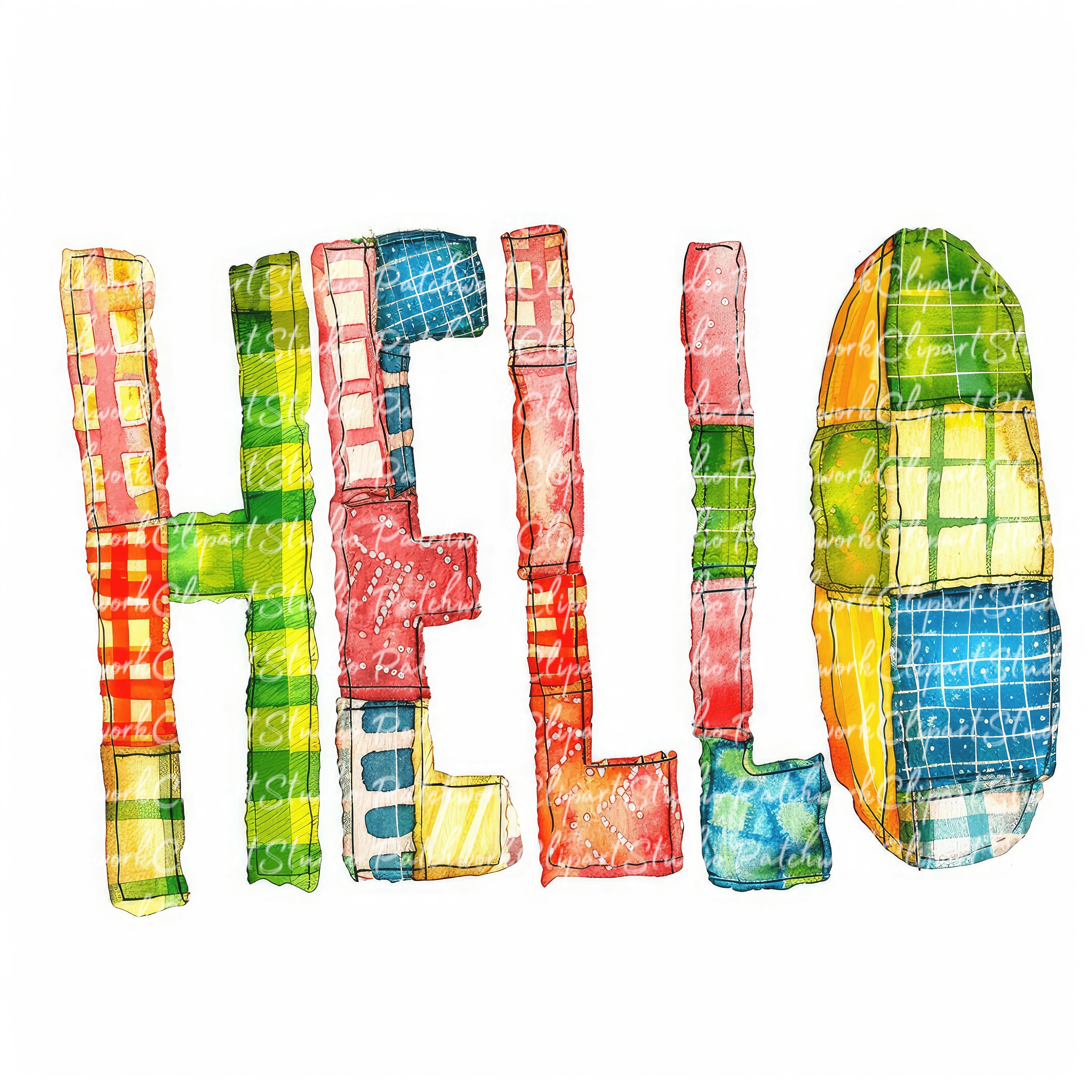 10 Hello Clipart Bundle, PNG & JPG, Printable Patchwork Word Hello ...