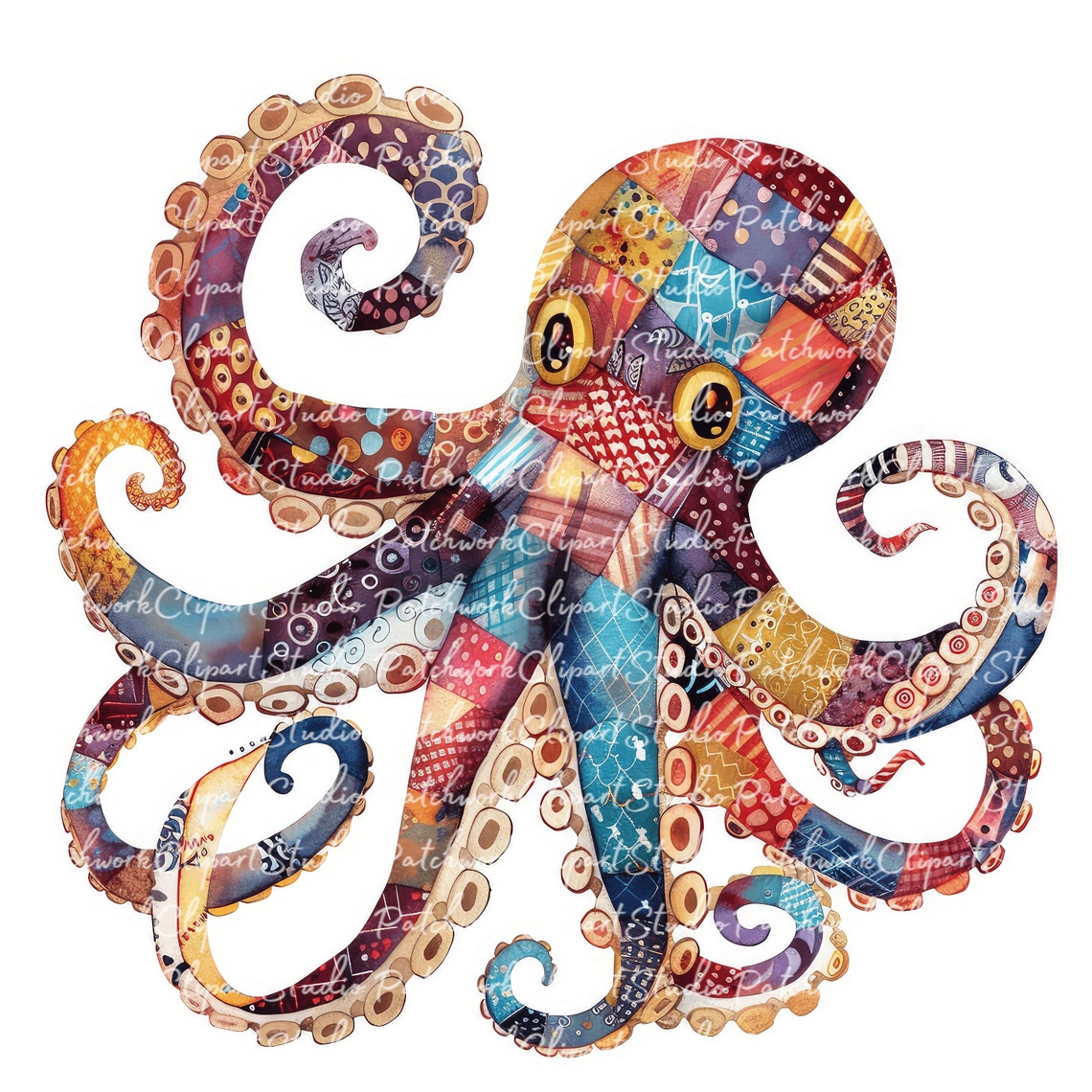 10 Octopus Clipart Bundle, Printable Patchwork Octopus, Quilted Fabric ...