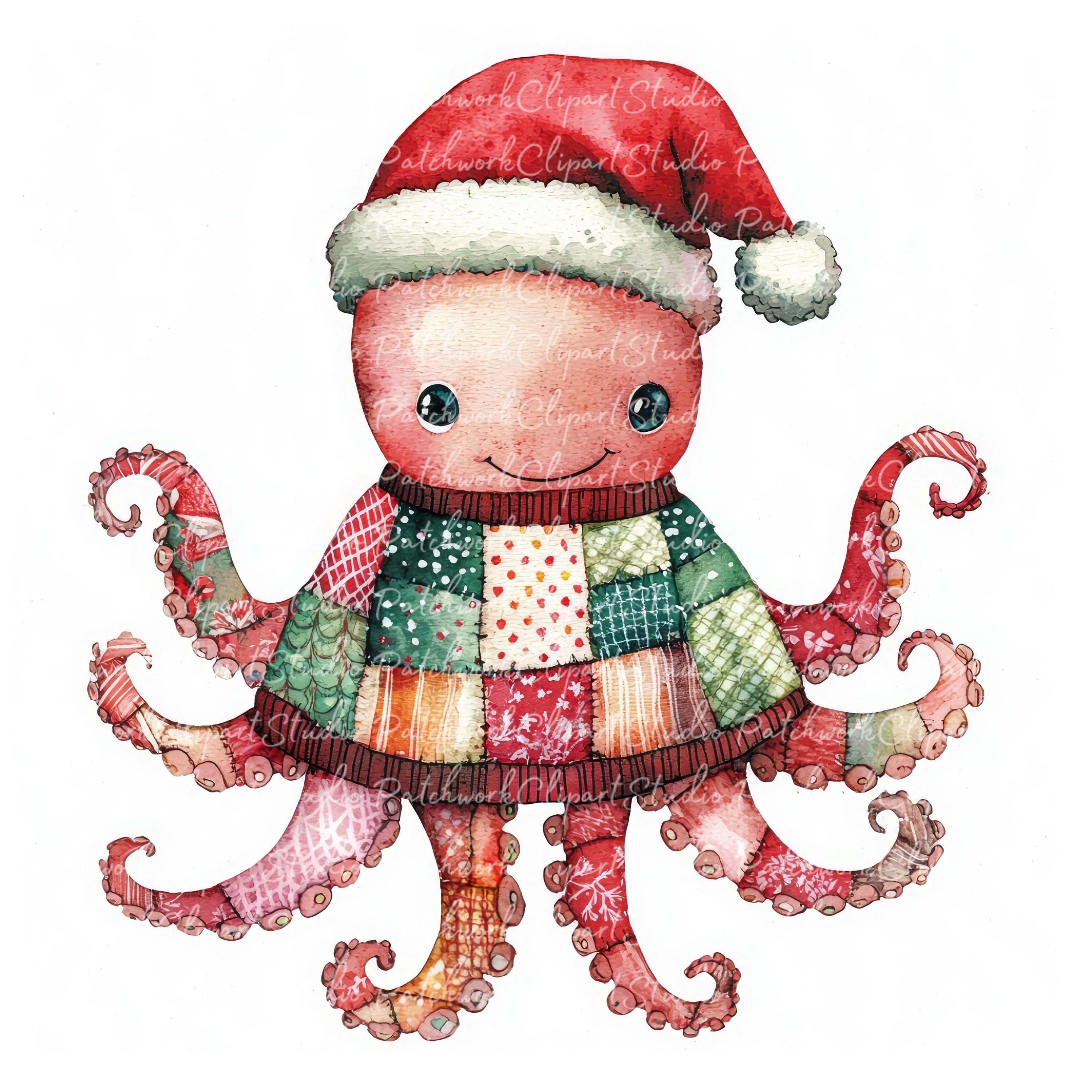 10 Christmas Octopus Clipart Bundle, PNG & JPG, Printable Patchwork ...