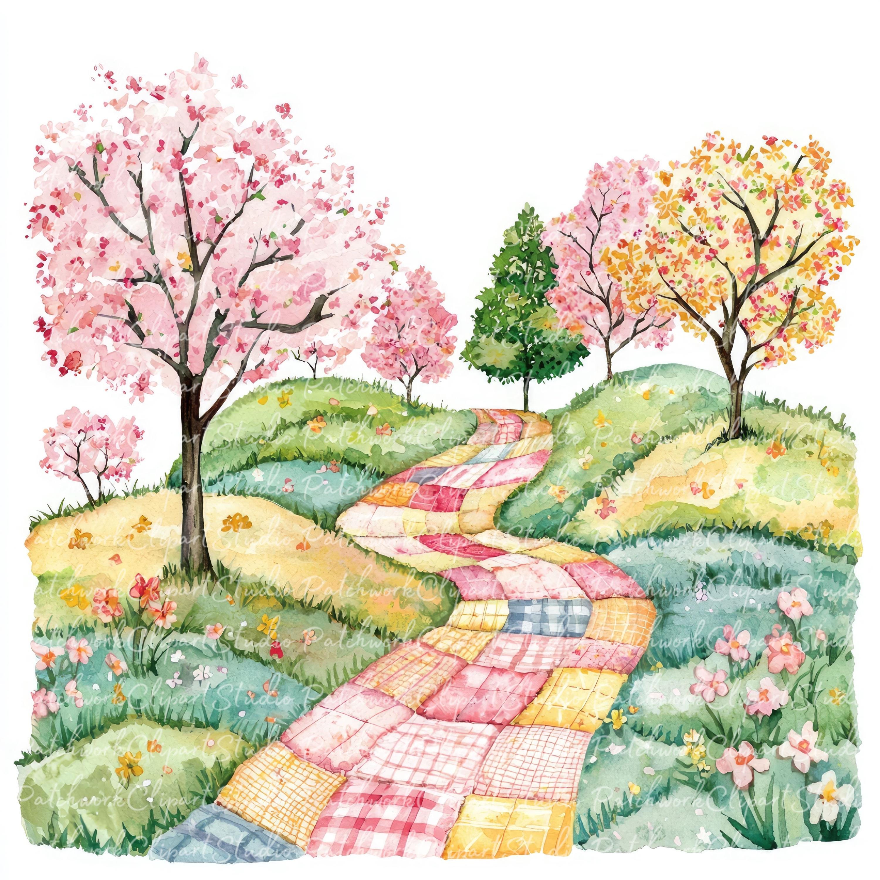 10 Spring Road Clipart Bundle, PNG & JPG, Printable Patchwork, Pink ...