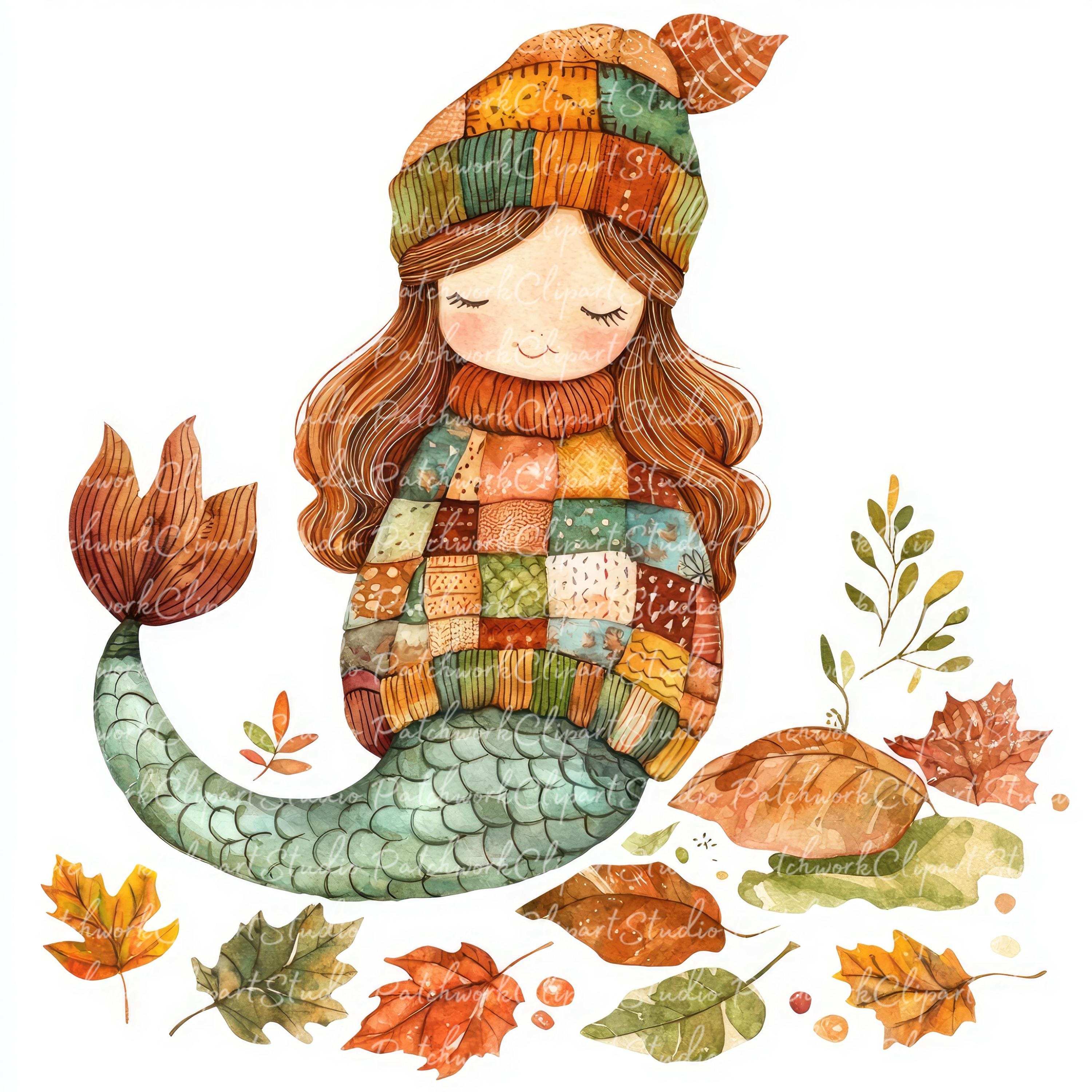 10 Autumn Mermaid Clipart Bundle, PNG & JPG, Printable Patchwork ...