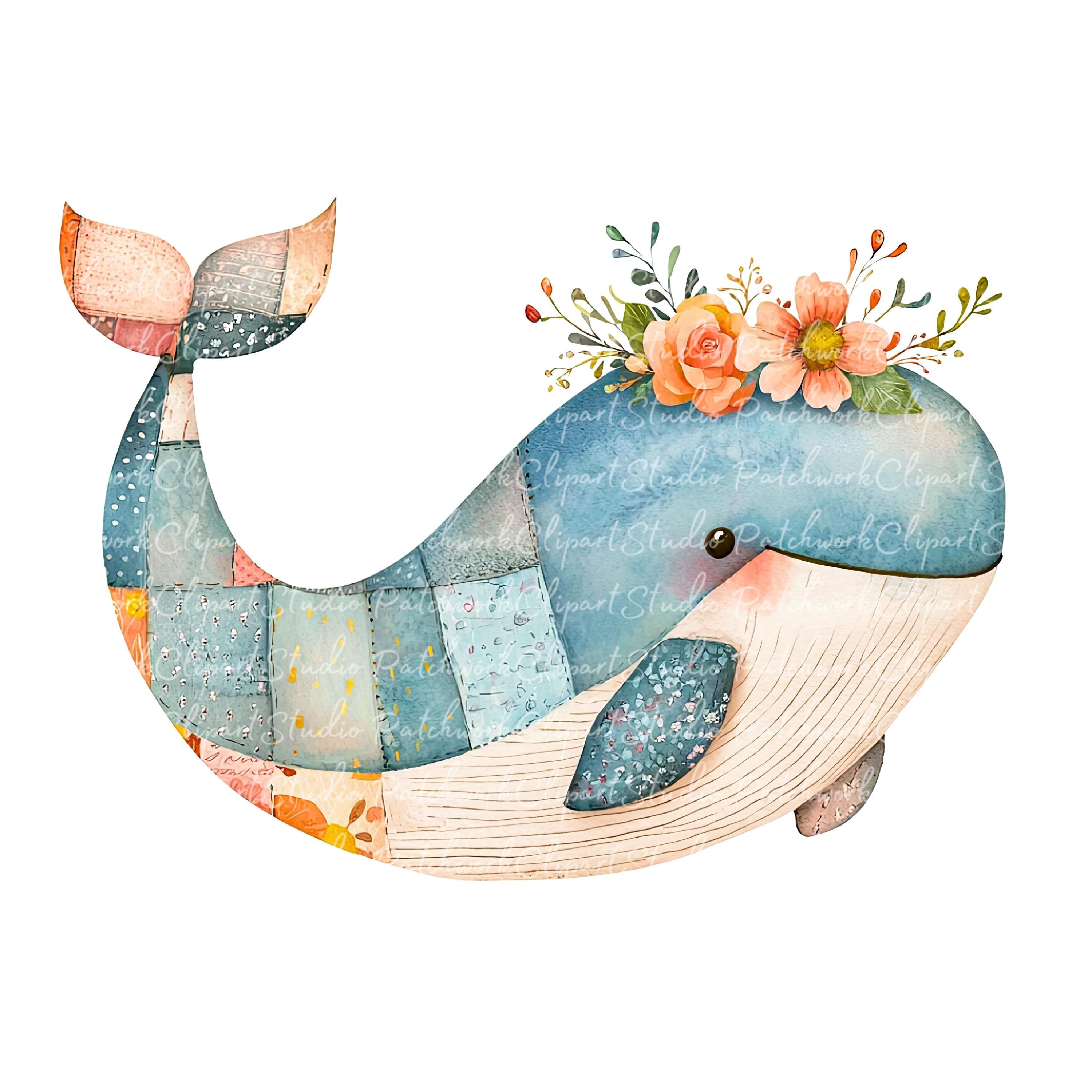 10 Floral Whale Clipart Bundle, PNG & JPG, Printable Patchwork Whale ...