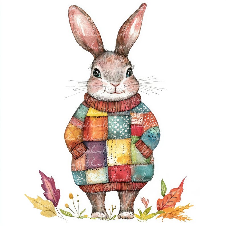 10 Autumn Rabbit Clipart Bundle, PNG & JPG, Printable Patchwork, Rabbit ...