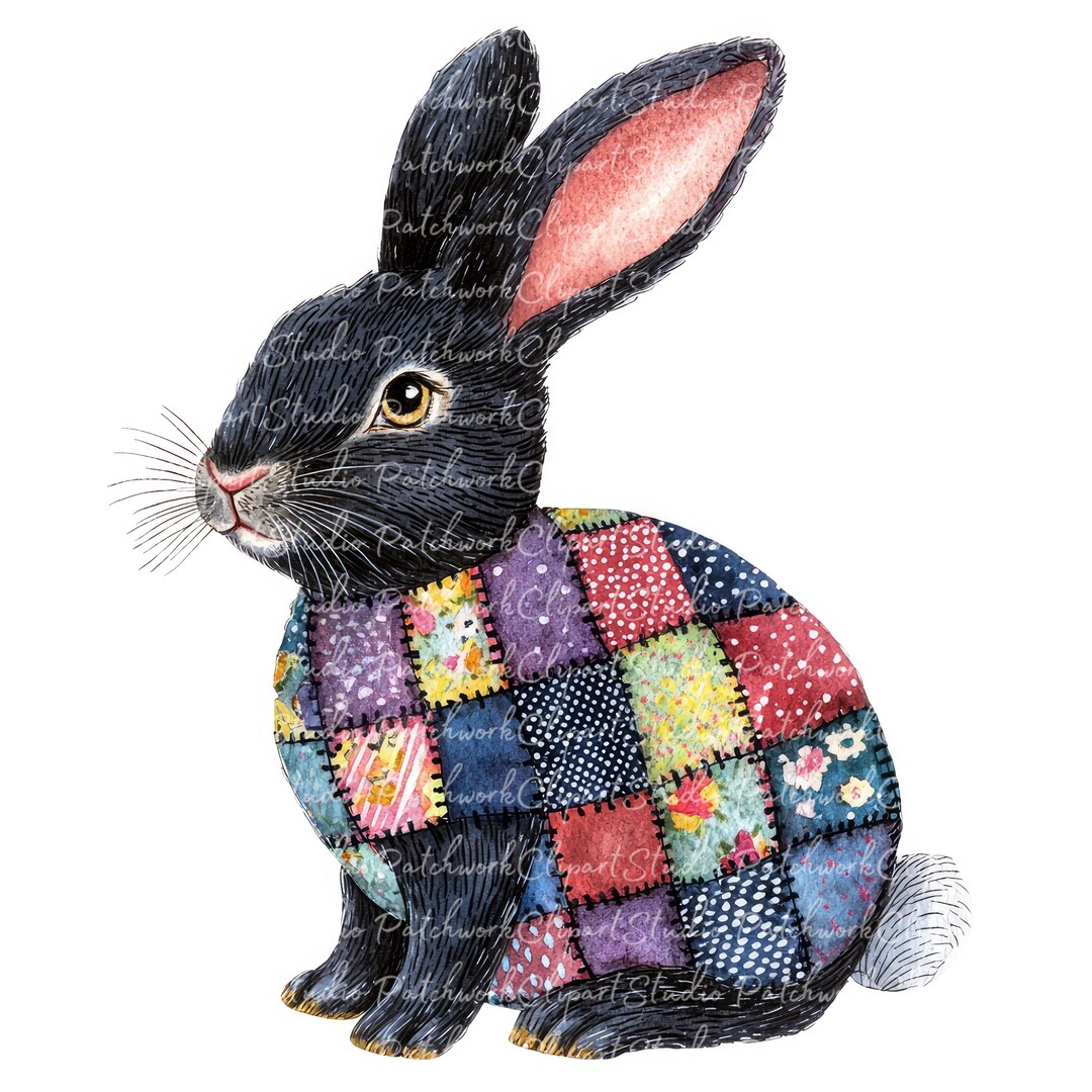 14 Black Rabbit Clipart Bundle, PNG & JPG, Printable Patchwork Rabbit ...