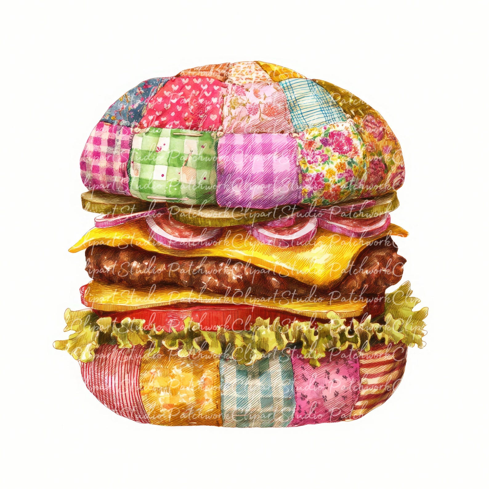 10 Hamburgers Clipart Bundle, PNG & JPG, Printable Patchwork Burger ...