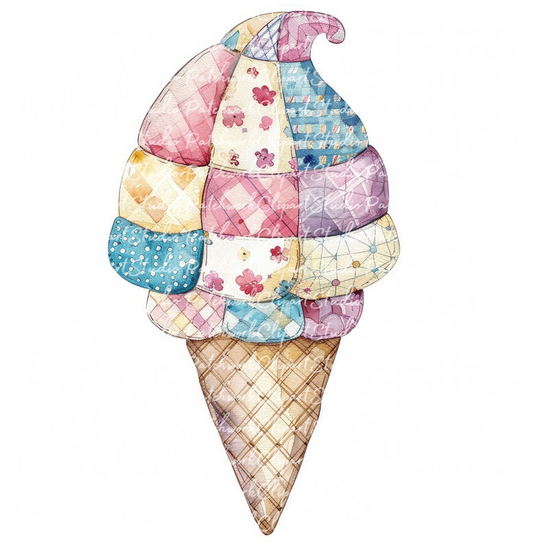 10 Ice Cream Clipart Bundle, PNG & JPG, Printable Patchwork Ice Cream, Illustrations, Digital ...