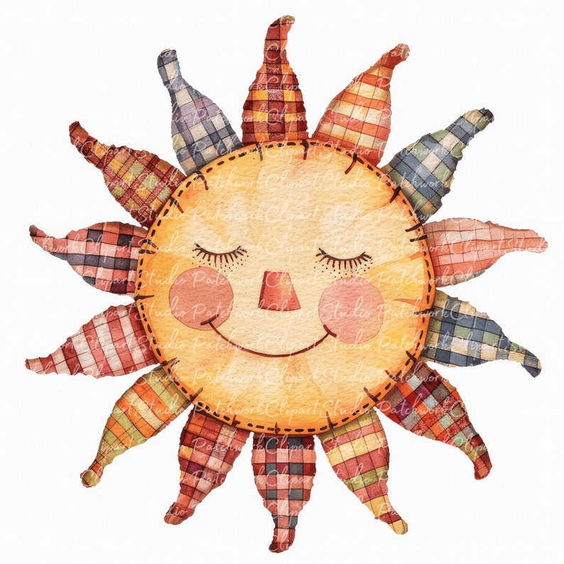 10 Sun Clipart Bundle, PNG & JPG, Printable Patchwork Suns, Smiling Sun ...