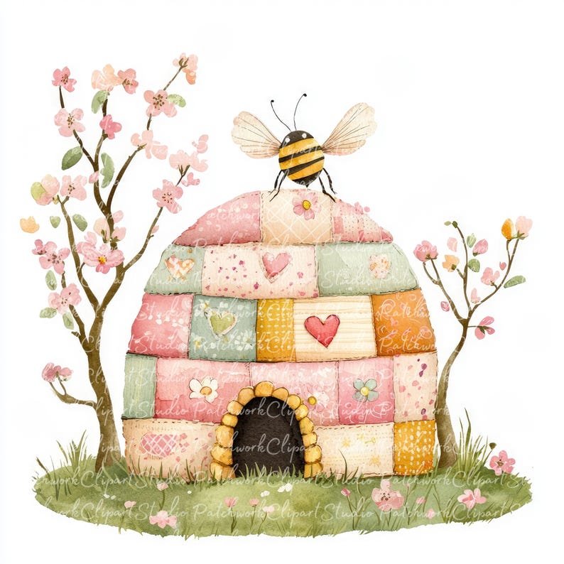 16 Spring Beehive Clipart Bundle, PNG & JPG, Printable Patchwork, Bee ...