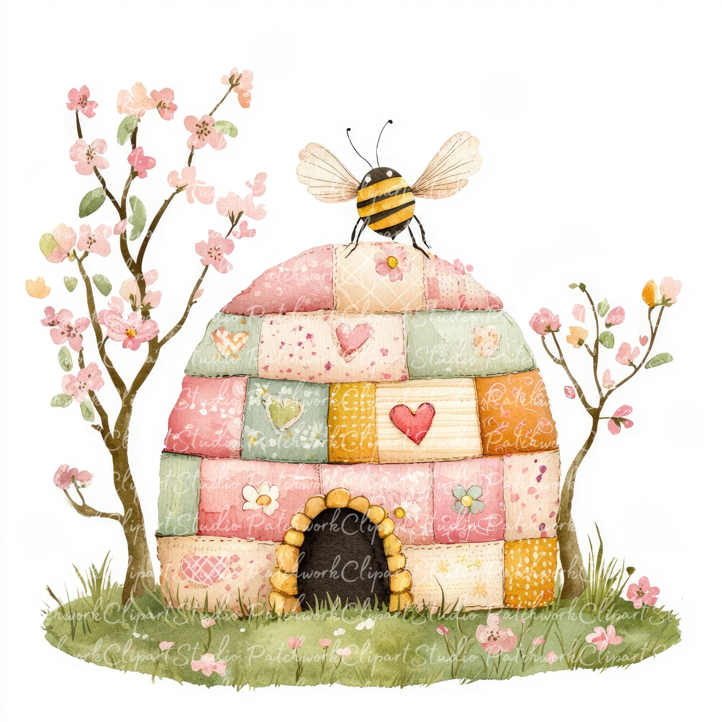 16 Spring Beehive Clipart Bundle, PNG & JPG, Printable Patchwork, Bee ...