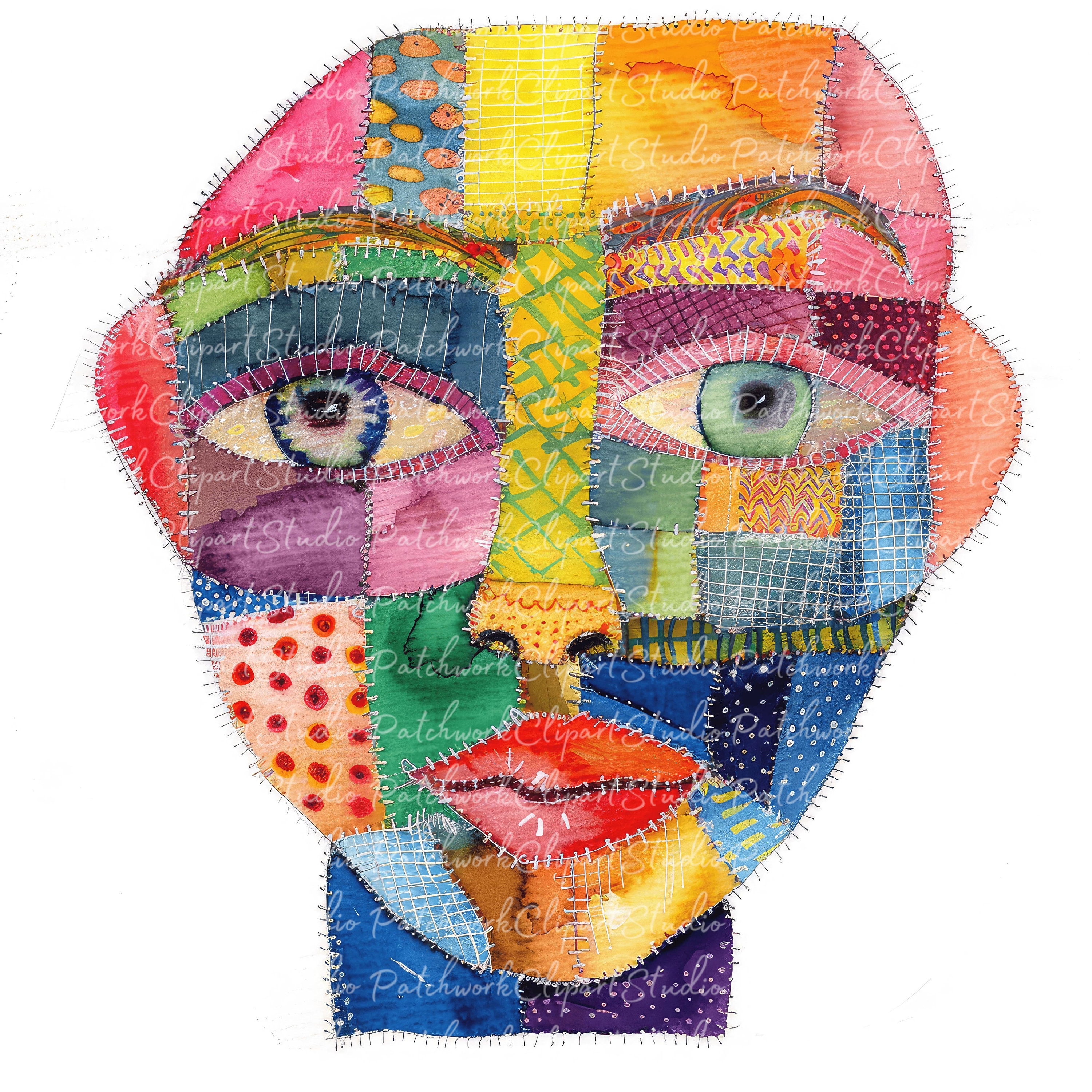 10 Faces Clipart Bundle, Printable Patchwork Face, Quilted Fabric ...