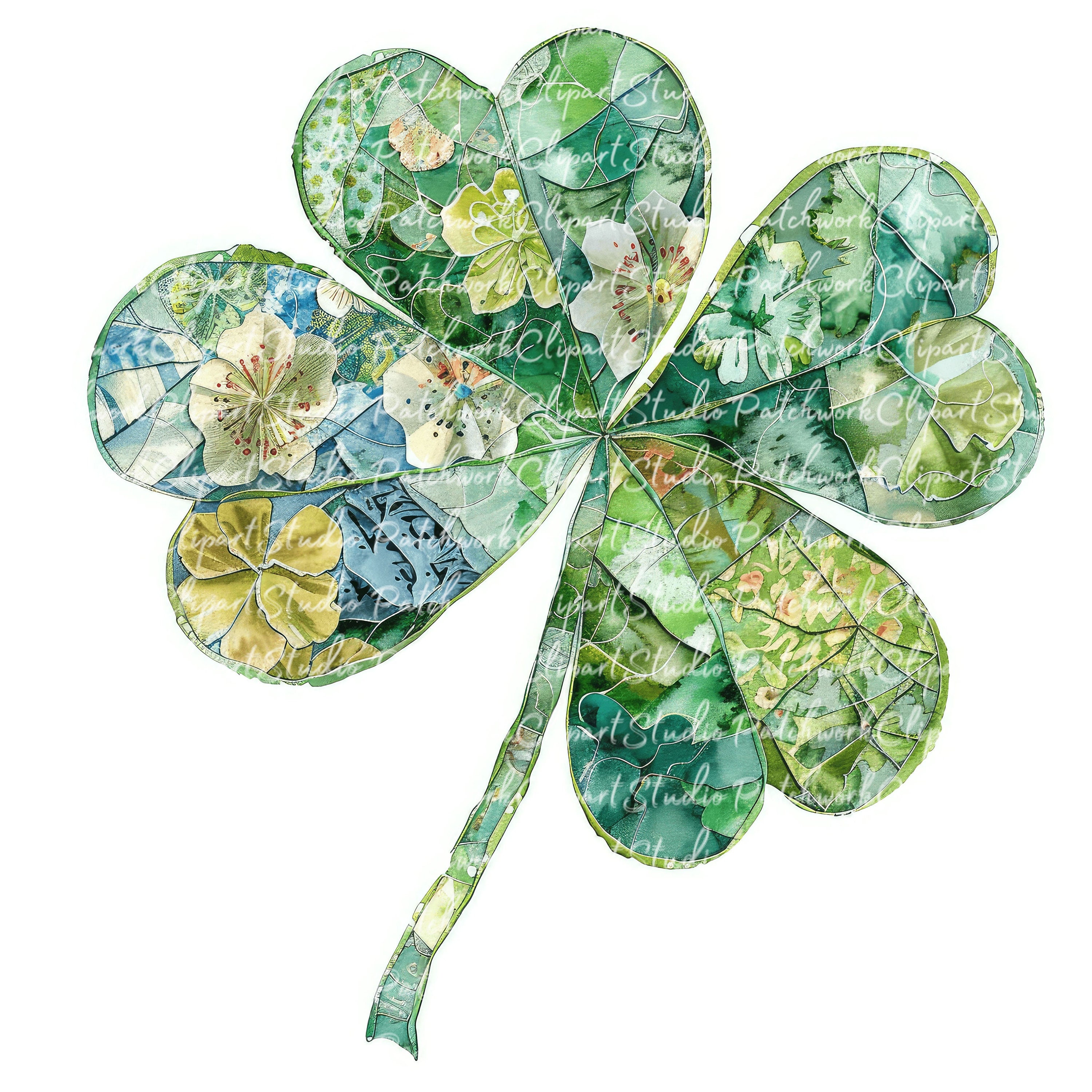 10 Clovers Clipart Bundle, PNG & JPG, Printable Patchwork Green Clover ...