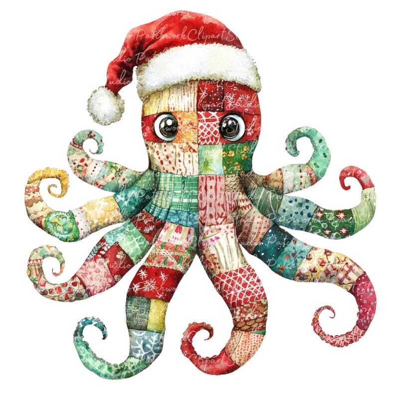 10 Christmas Octopus Clipart Bundle, PNG & JPG, Printable Patchwork ...