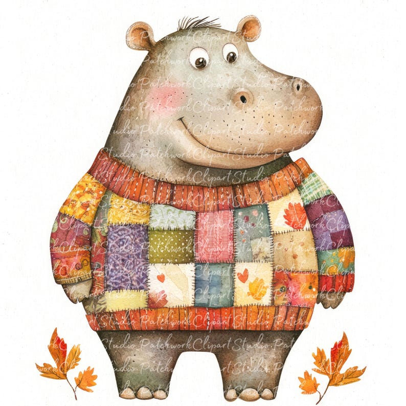 10 Autumn Hippo Clipart Bundle, PNG & JPG, Printable Patchwork, Hippo in Fall Illustrations ...