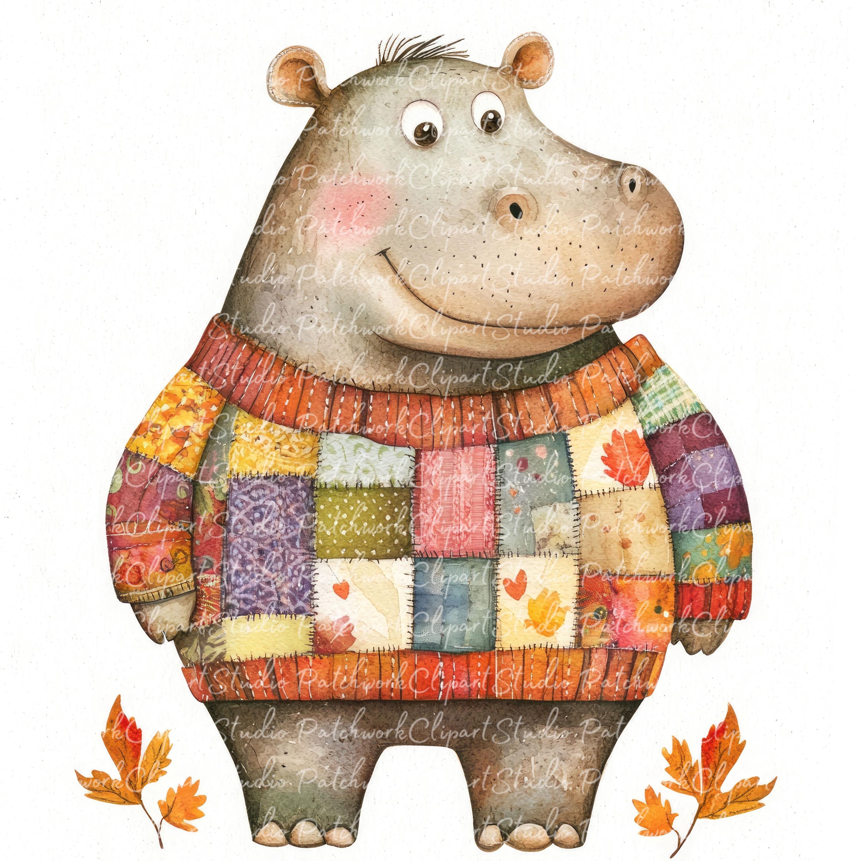 10 Autumn Hippo Clipart Bundle, PNG & JPG, Printable Patchwork, Hippo ...