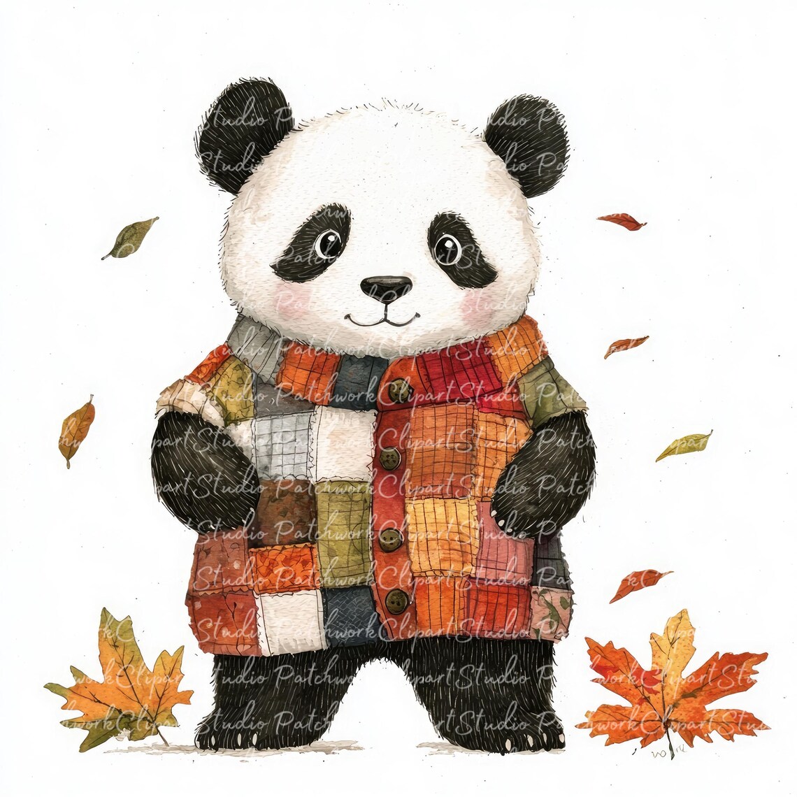 10 Autumn Panda Clipart Bundle, PNG & JPG, Printable Patchwork, Panda ...