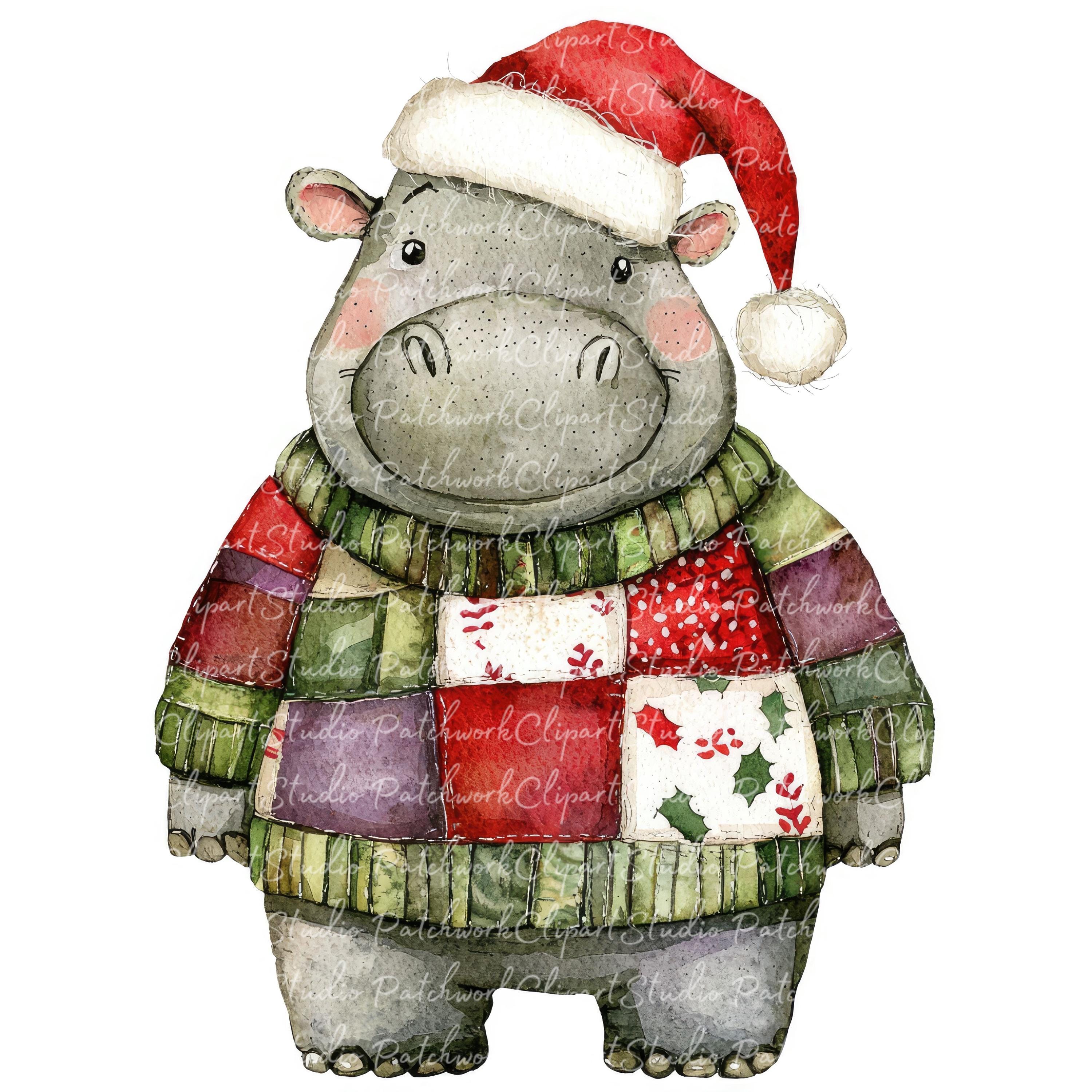 10 Christmas Hippo Clipart Bundle, PNG & JPG, Printable Patchwork, XMAS ...