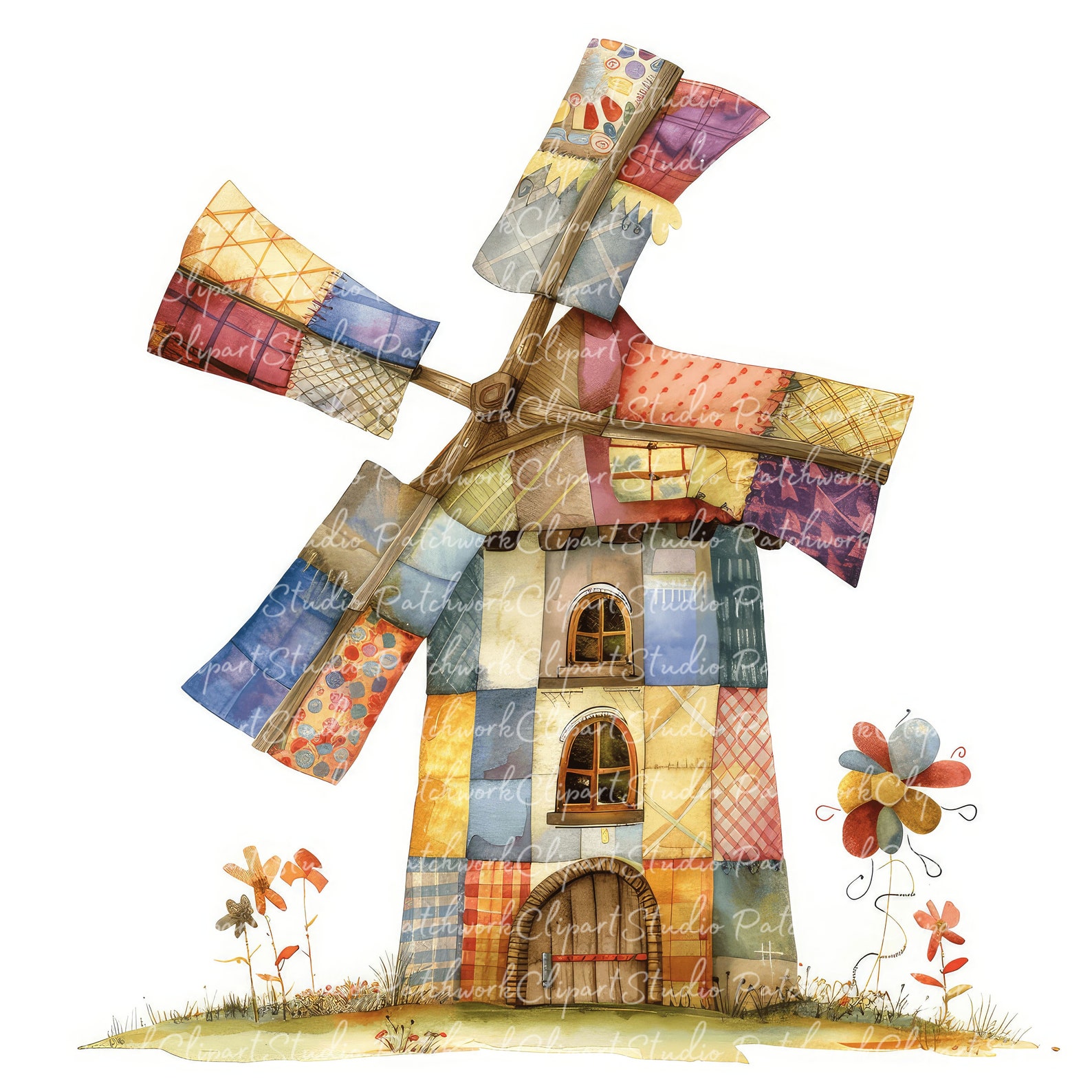 10 Windmills Clipart Bundle, PNG & JPG, Printable Patchwork Windmill ...