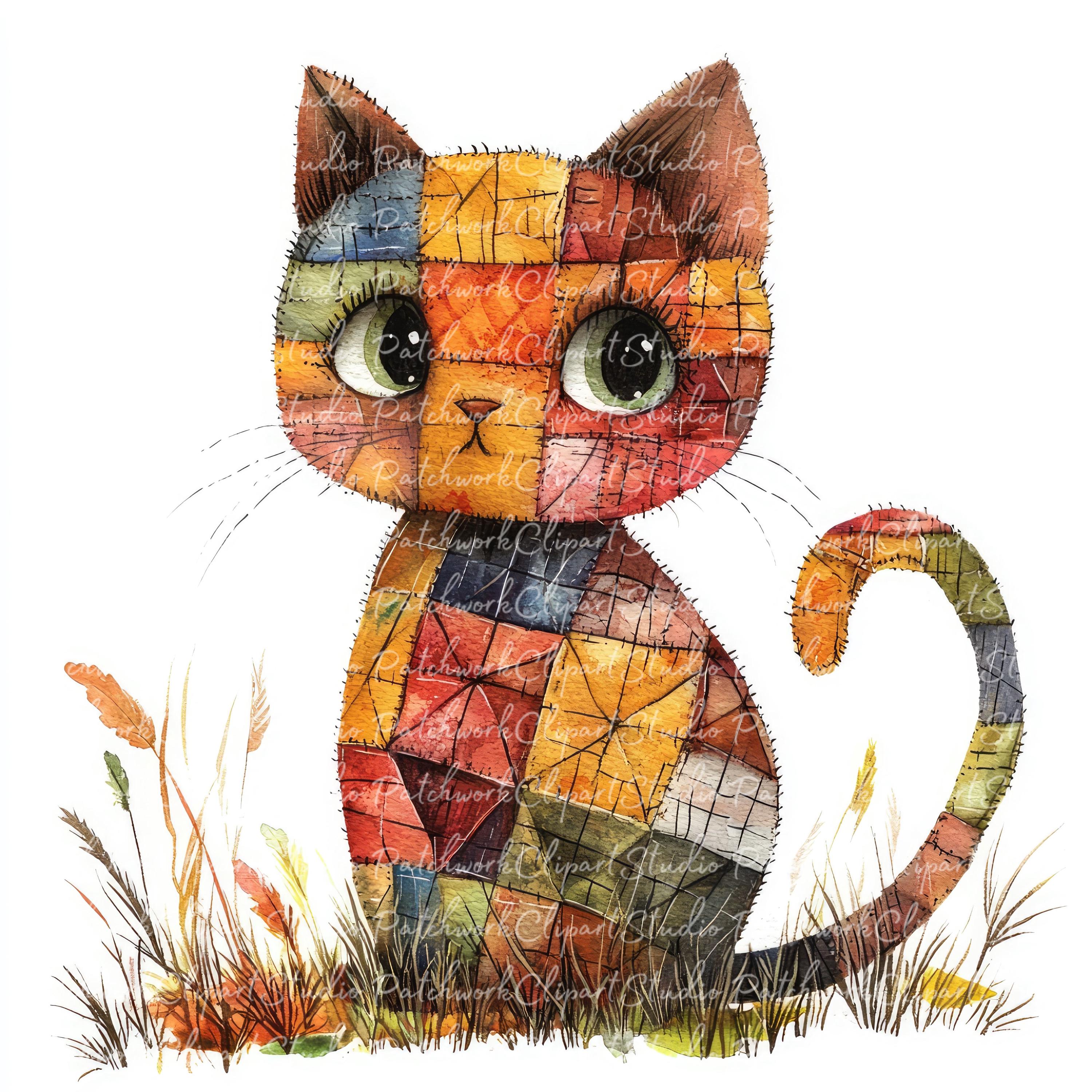 10 Autumn Cat Clipart Bundle, PNG & JPG, Printable Patchwork, Cat in ...