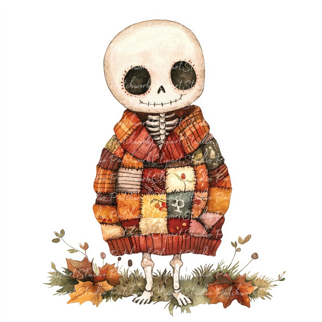 10 Autumn Skeleton Clipart Bundle, PNG & JPG, Printable Patchwork ...