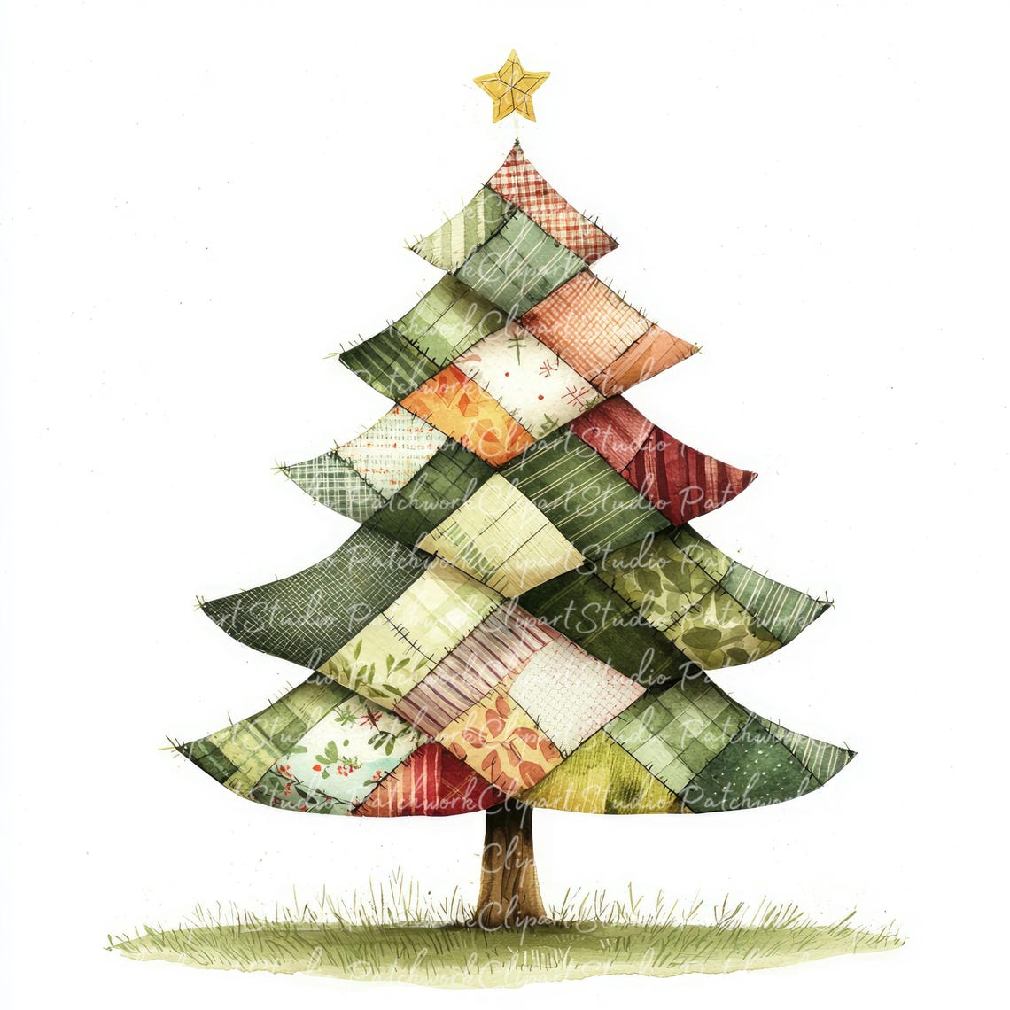 10 Christmas Tree Clipart Bundle, PNG & JPG, Printable Patchwork, Xmas ...