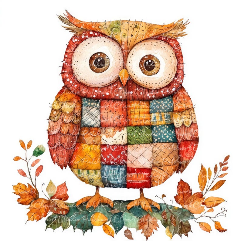 10 Autumn Owl Clipart Bundle, PNG & JPG, Printable Patchwork, Owl in ...
