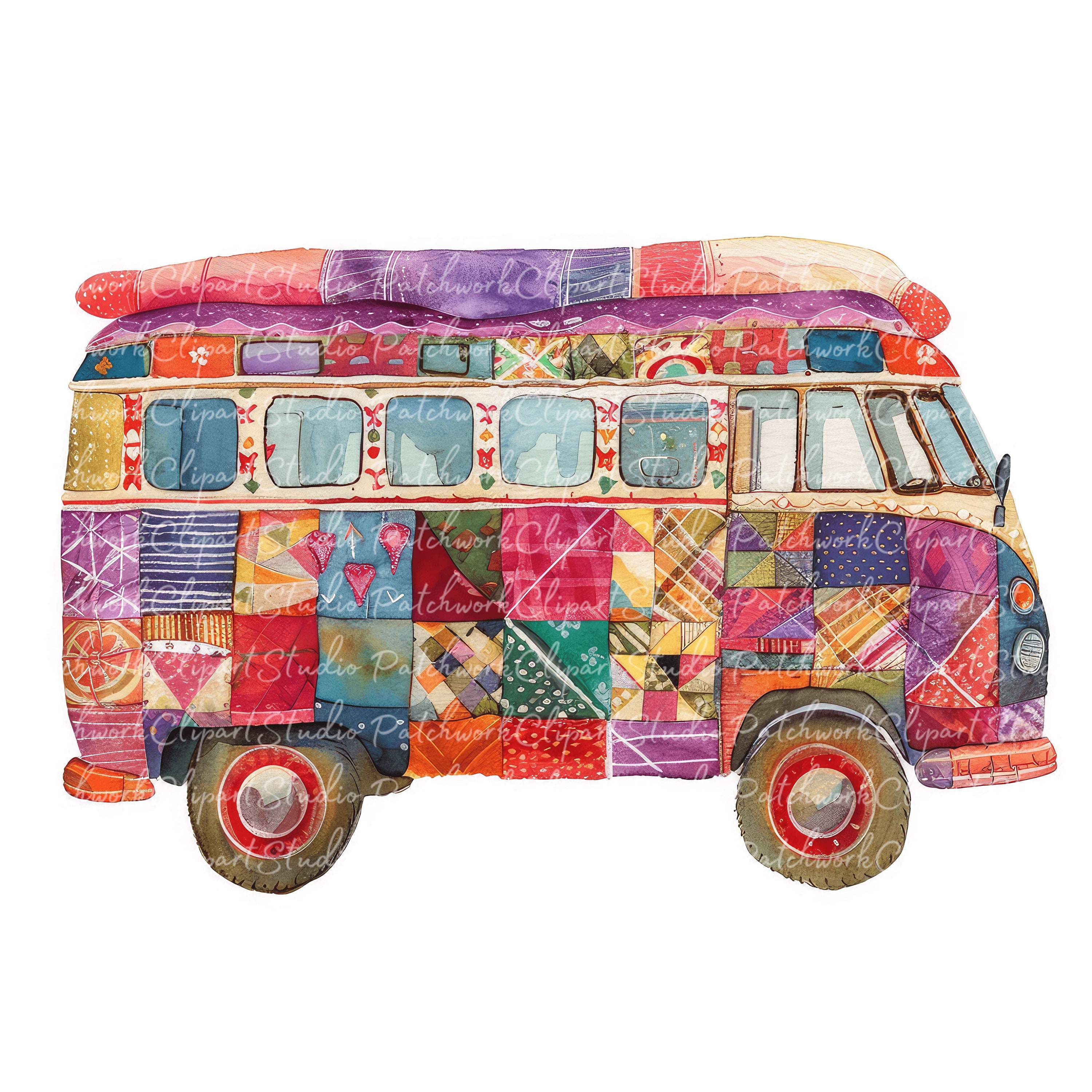 10 Buses Clipart Bundle, Printable Patchwork Bus, Quilted Fabric ...