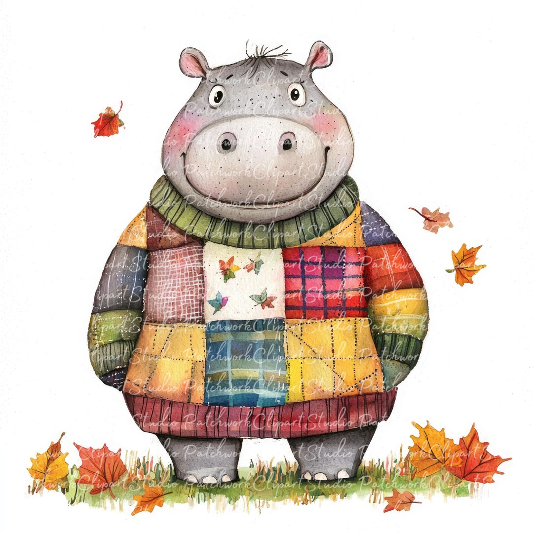 10 Autumn Hippo Clipart Bundle, PNG & JPG, Printable Patchwork, Hippo ...