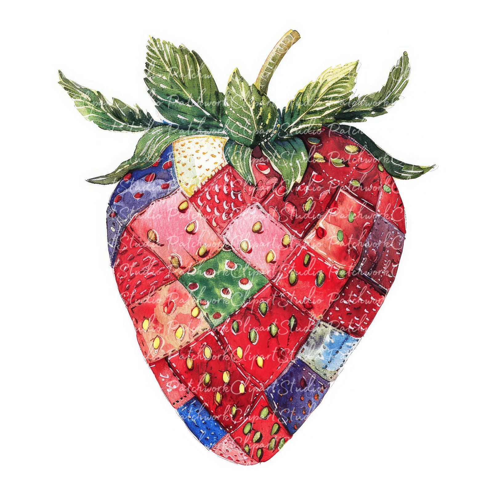 10 Strawberries Clipart Bundle, PNG & JPG, Printable Patchwork Strawberry, Illustrations ...