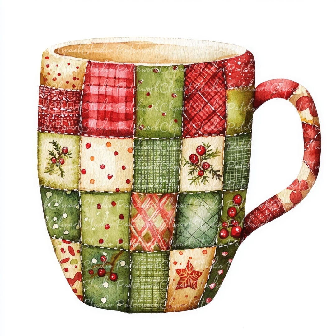 10 Christmas Mug Clipart Bundle, PNG & JPG, Printable Patchwork, Winter ...
