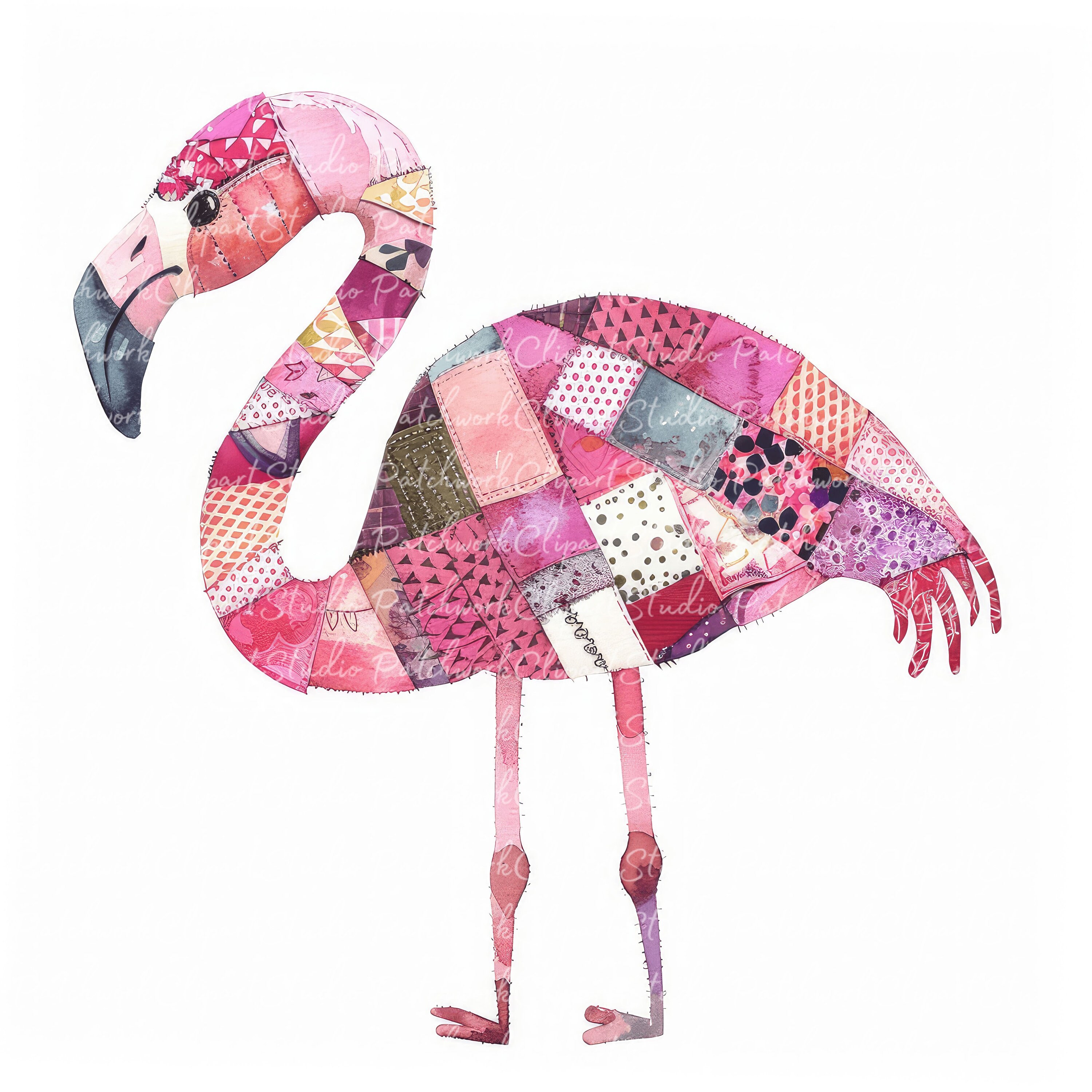 10 Flamingos Clipart Bundle, Printable Patchwork Flamingo, Quilted ...
