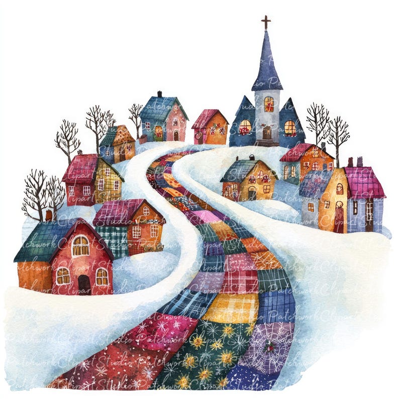 10 Christmas Village Clipart Bundle, PNG & JPG, Printable Patchwork ...