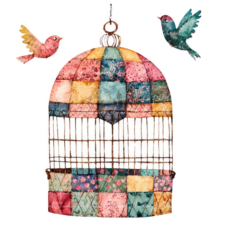 10 Birdcage Clipart Bundle, PNG & JPG, Printable Patchwork Birds ...