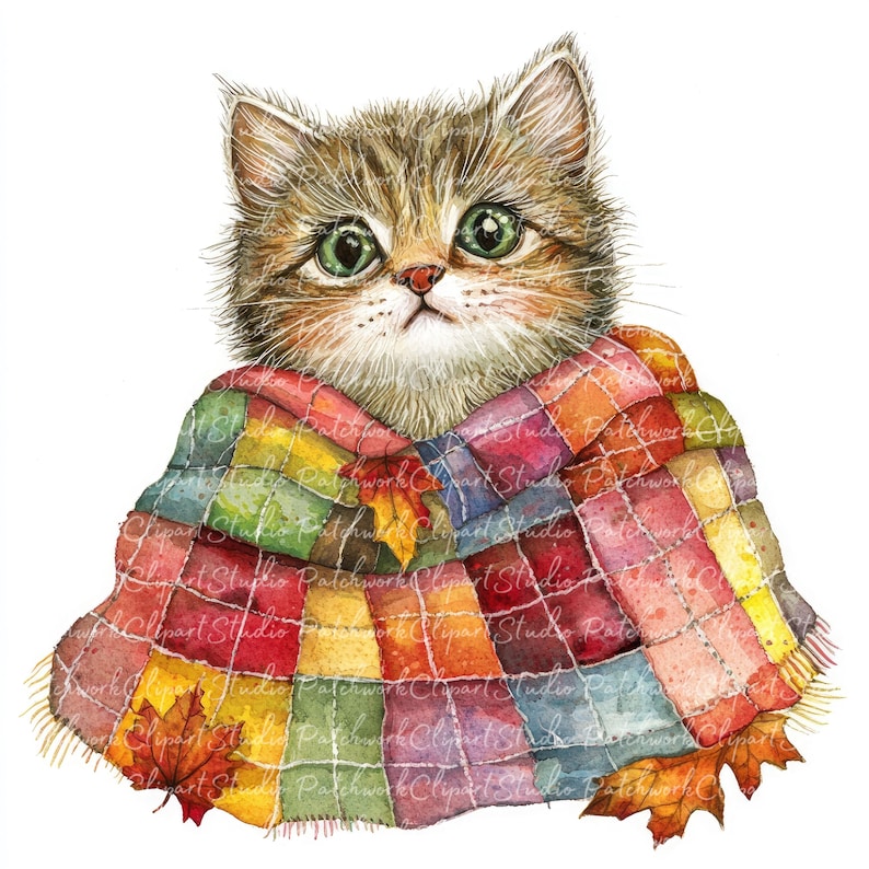 10 Autumn Cat Clipart Bundle, PNG & JPG, Printable Patchwork, Cat in ...