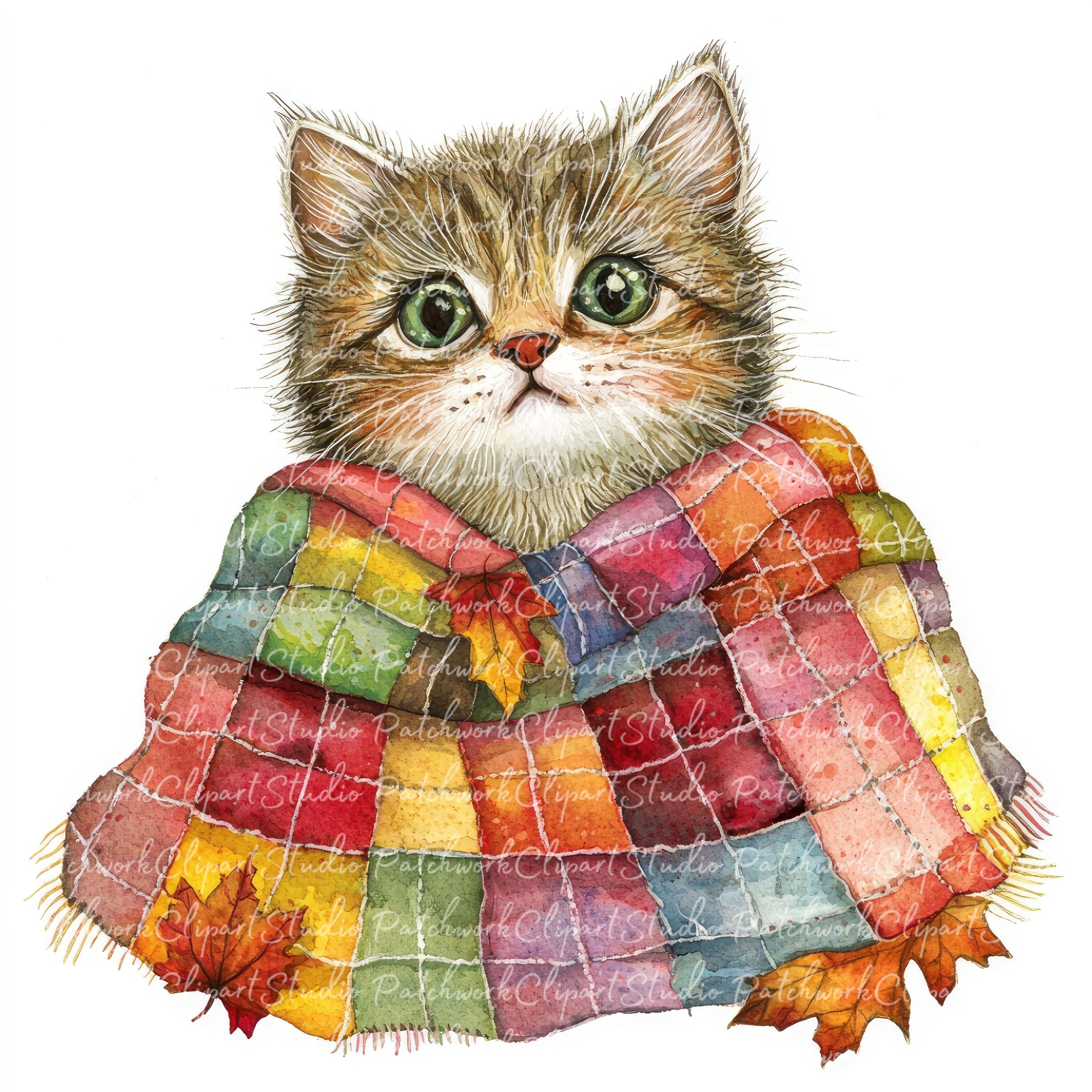 10 Autumn Cat Clipart Bundle, PNG & JPG, Printable Patchwork, Cat in ...