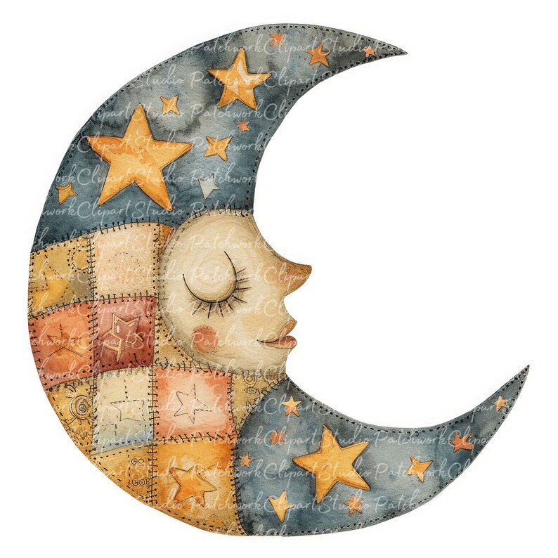 10 Moon Clipart Bundle, PNG & JPG, Printable Patchwork Yellow Moons ...