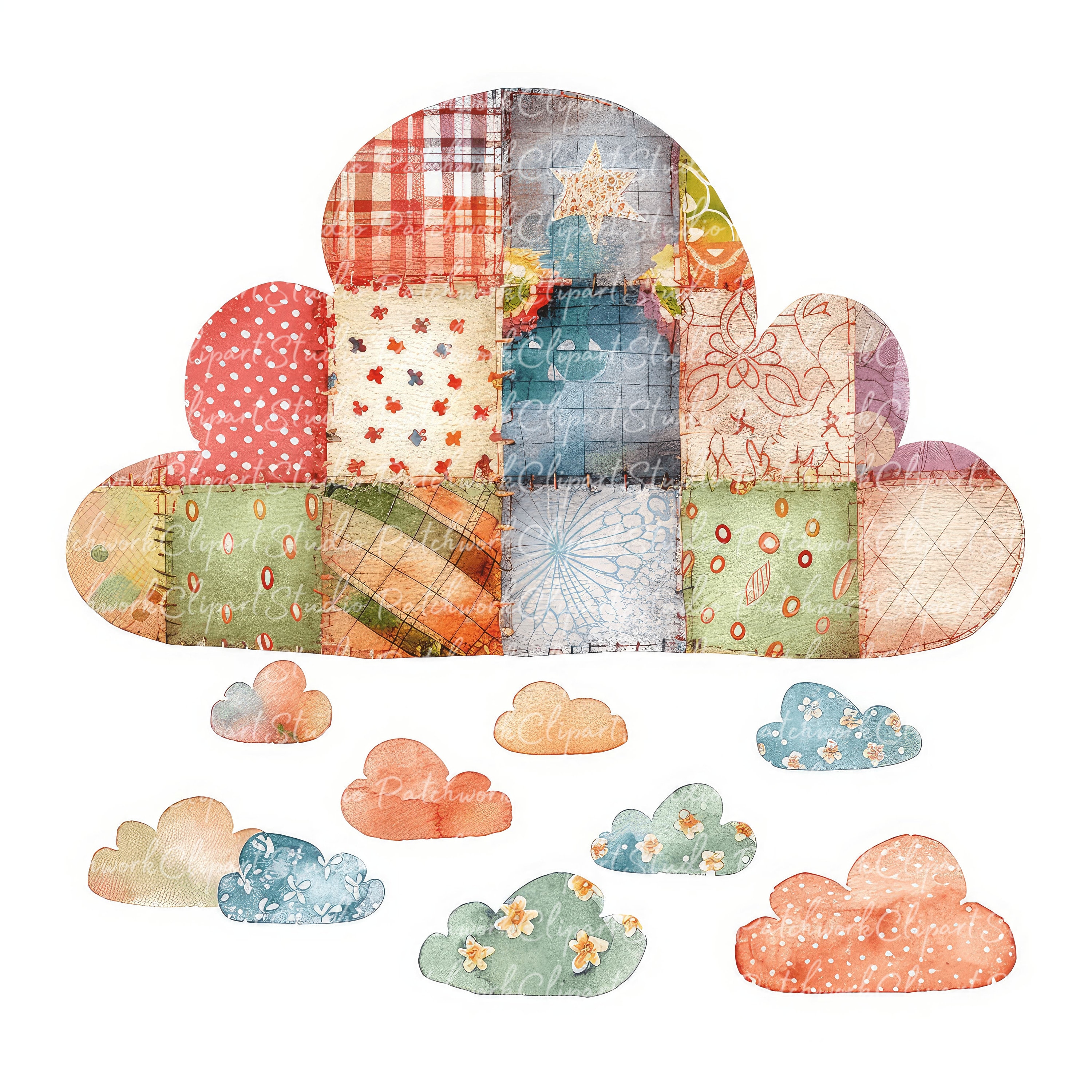 10 Clouds Clipart Bundle, PNG & JPG, Printable Patchwork Cloud ...