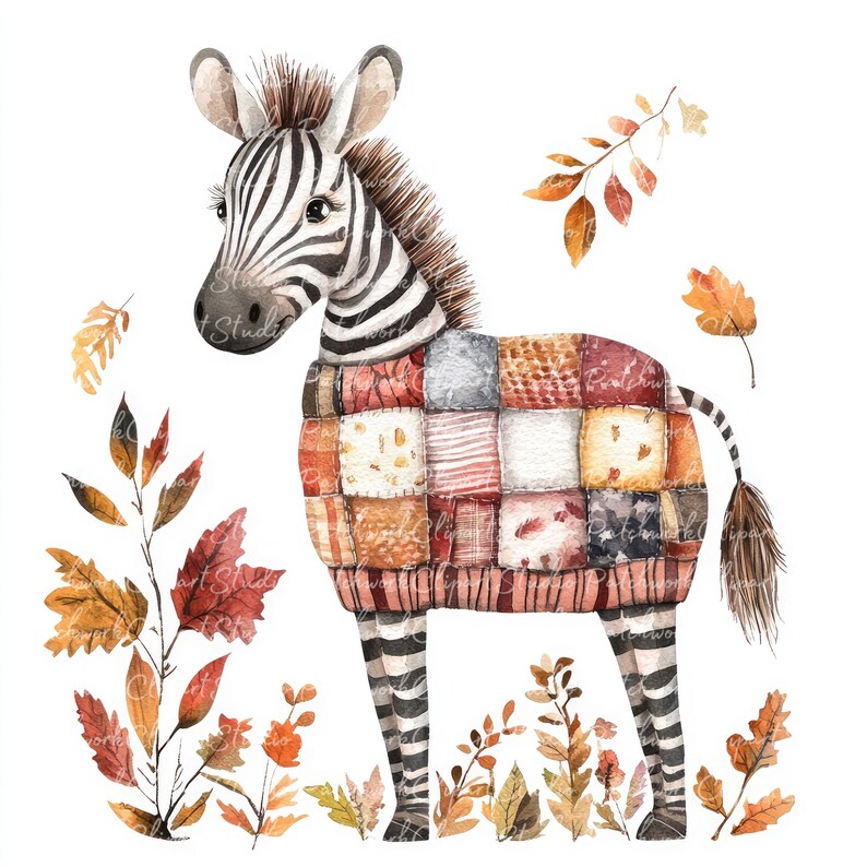 10 Autumn Zebra Clipart Bundle, PNG & JPG, Printable Patchwork, Zebra ...