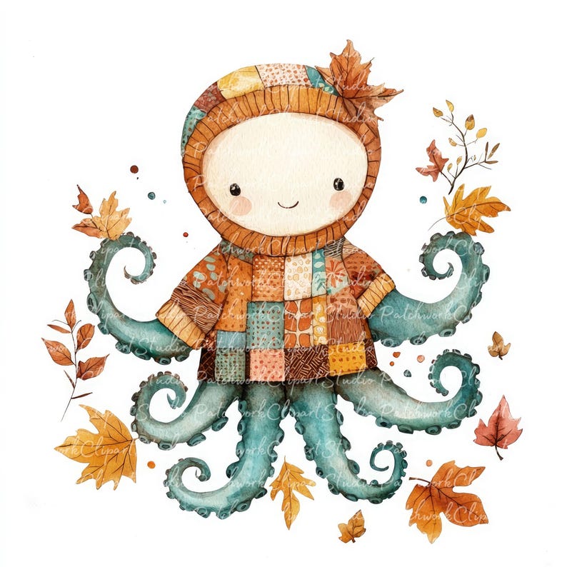 10 Autumn Octopus Clipart Bundle, PNG & JPG, Printable Patchwork, Sea ...