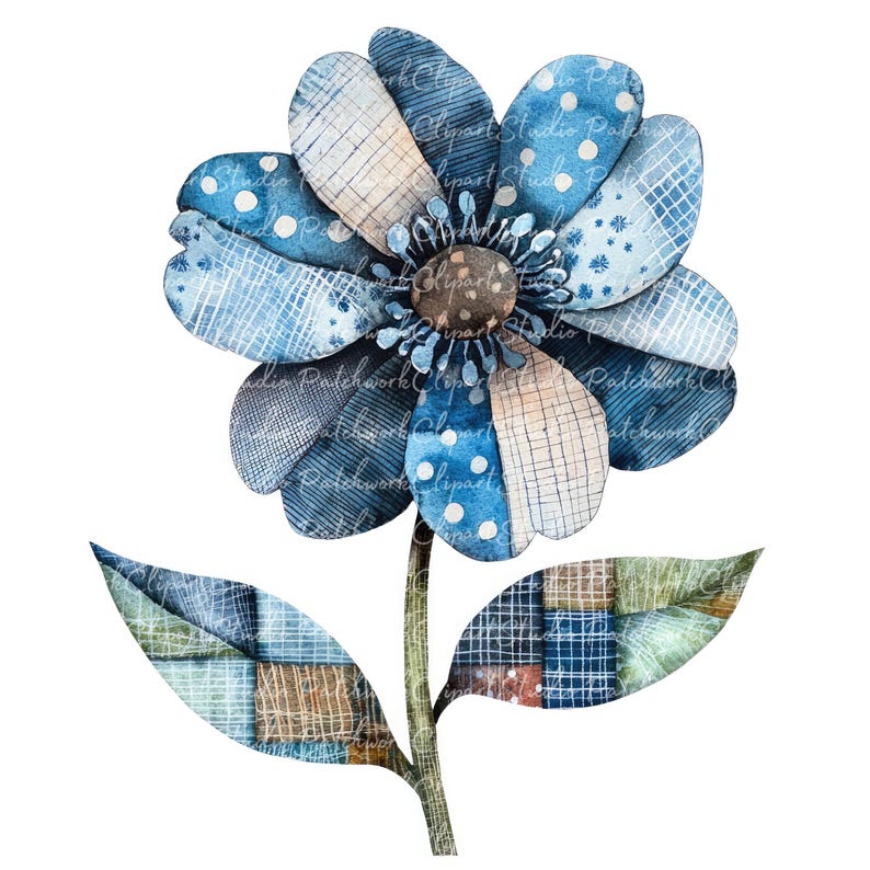 10 Winter Flower Clipart Bundle, PNG & JPG, Printable Patchwork Blue ...